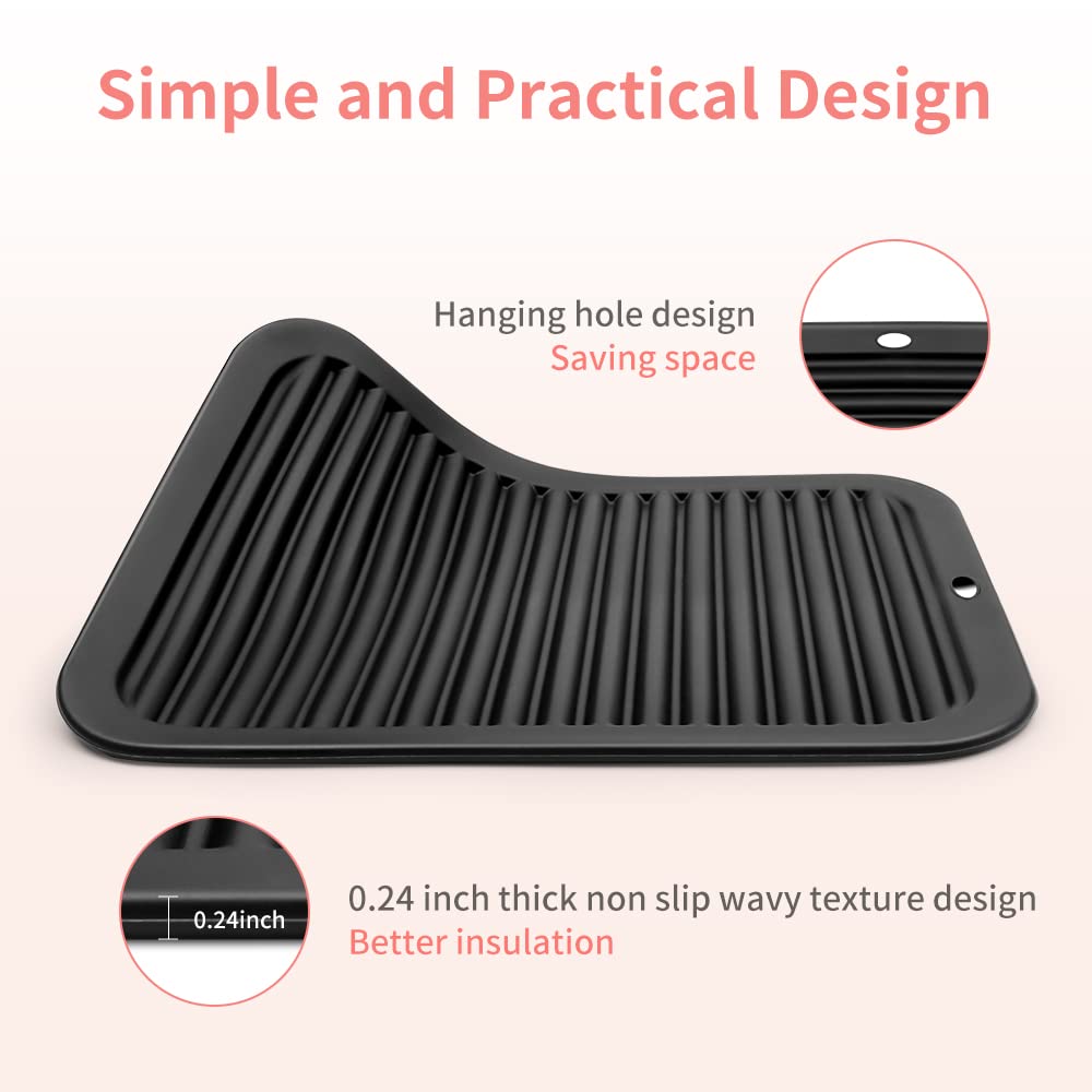 Large Silicone Heat Resistant Mat, Hot Tools Straightener Mat, Professional Heat Mat for Curling Iron, Flat Iron and Hair Styling Tools, Silicone Mat for Hair Tools, with Sticky Fastener (Black)
