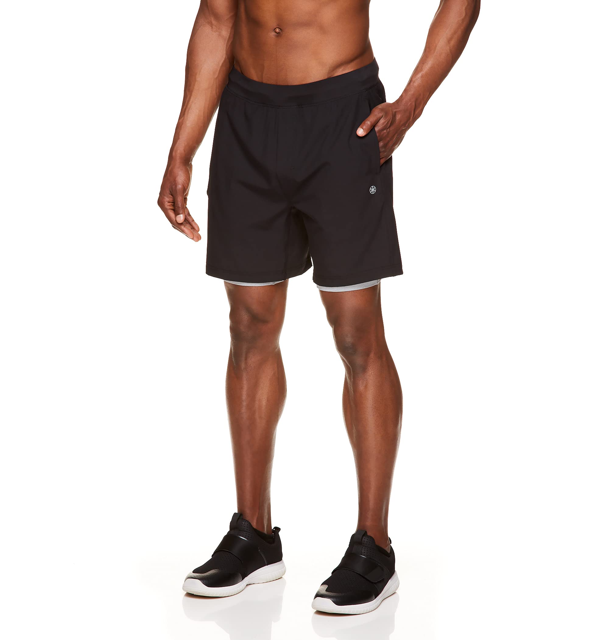 Gaiam Men's Yoga Shorts with Liner - Athletic Gym Running and Workout Shorts with Pockets - Upside Black, Small