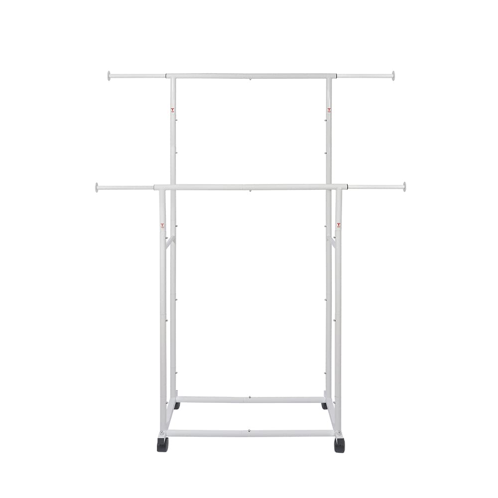 Fishat Simple Standard Double Rod Clothing Metal Garment Rack, Rolling Clothes Organizer on Lockable Wheels (White)