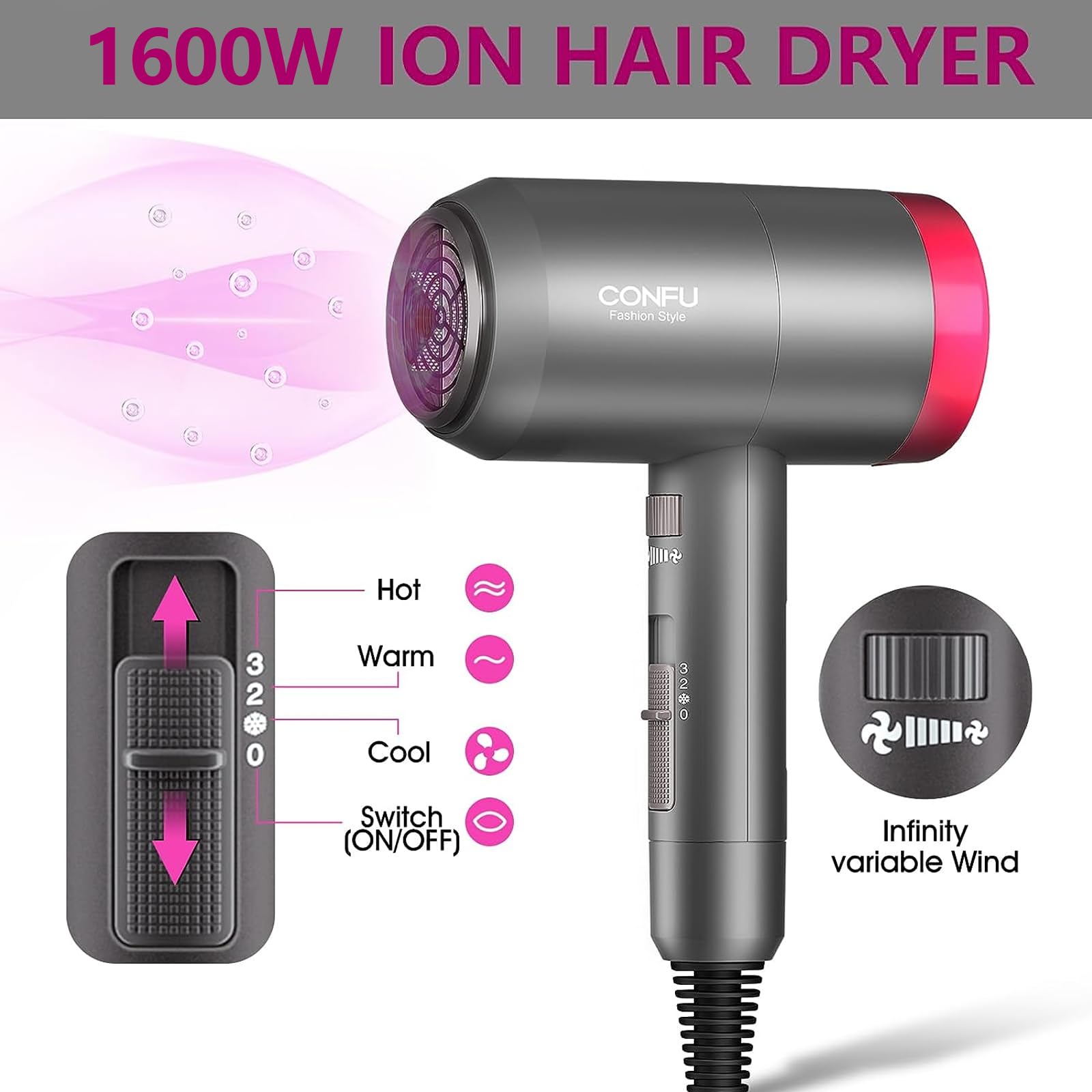 Hair Dryer with Diffuser, Professional Salon Negative Ions Blow Dryer Powerful 1600W for Fast Drying, 3 Heating & Infinity Speed, with Constant Temperature, No Hair Damage, Low Noise
