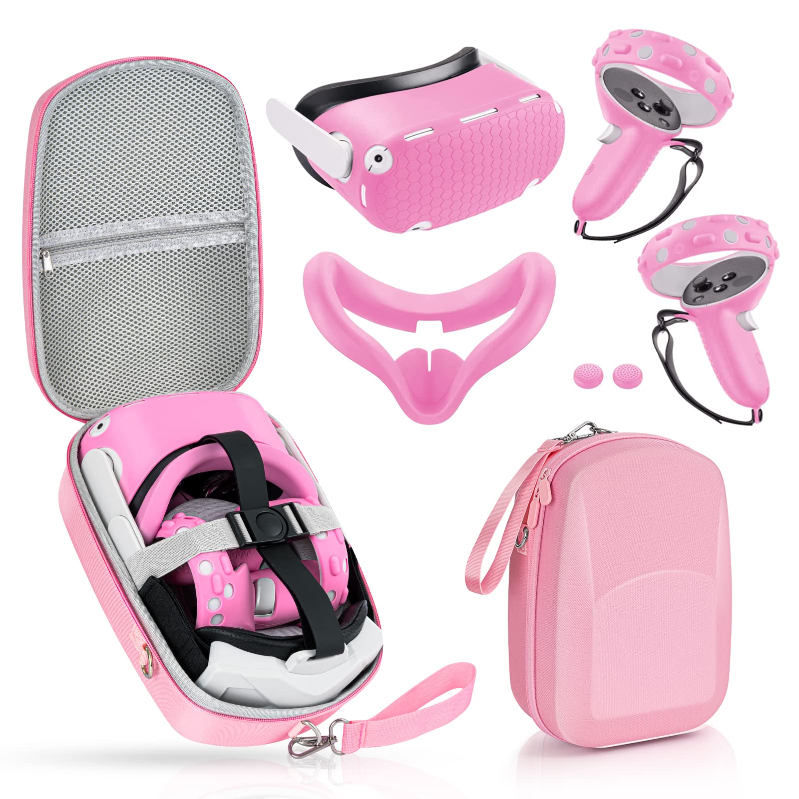Hard Carrying Case for Oculus Quest 2 Accessories, Silicone Cover Set VR Shell Touch Controller Cover, Pink Front Face Protector Cover Crossbody Shoulder Chest for Women Girls Travel and Home Storage