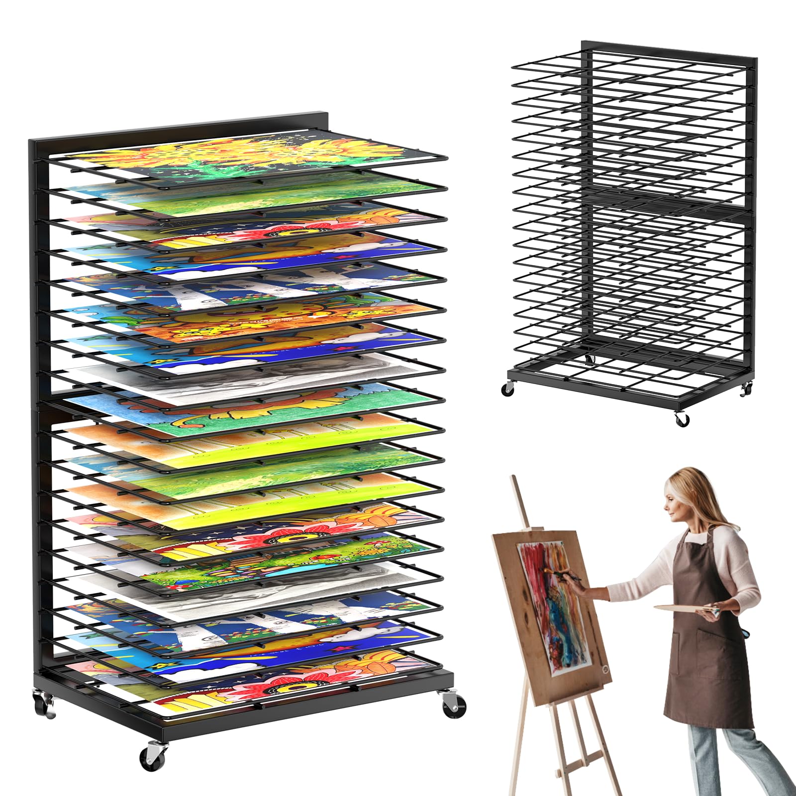 QKOSMTL Art Drying Rack for Painting, 18 Removable Shelves, Mobile Art Studio Display Rack, Sturdy Metal, Height 25.9", Shelves 11" x 16"