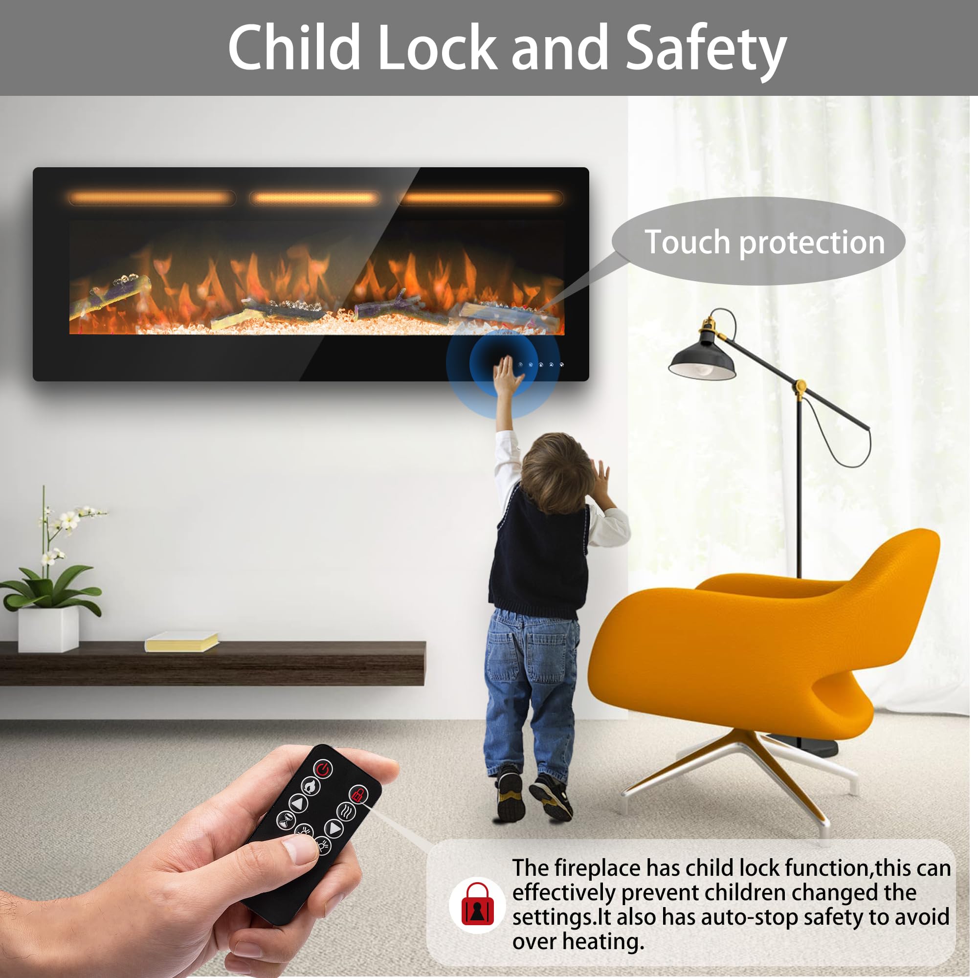 Electric Fireplace Heater, 50 Inch Wall Mounted & 3.9 Inch Ultra Thin Fireplace Insert, Timable Remote Control, Touch Screen, Child Lock, 32 Color Combinations, Black