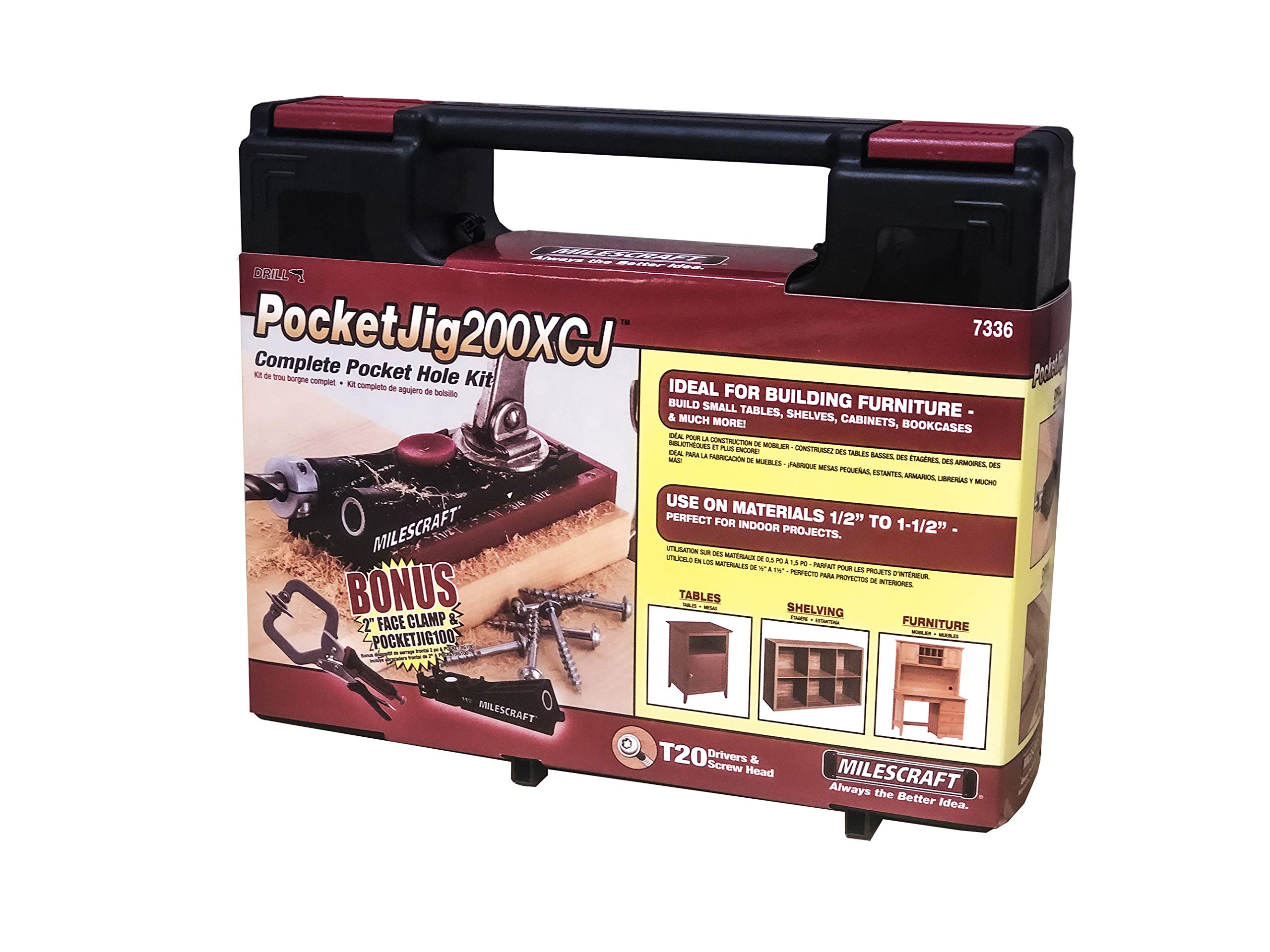 Milescraft 7336 Pocket Jig 200XCJ - Pocket Hole Bundle with Double Barrel Pocket Hole Jig, Single Barrel Pocket Hole jig, 2" Face Clamp, And Accessories Needed With Any Pocket Hole Project