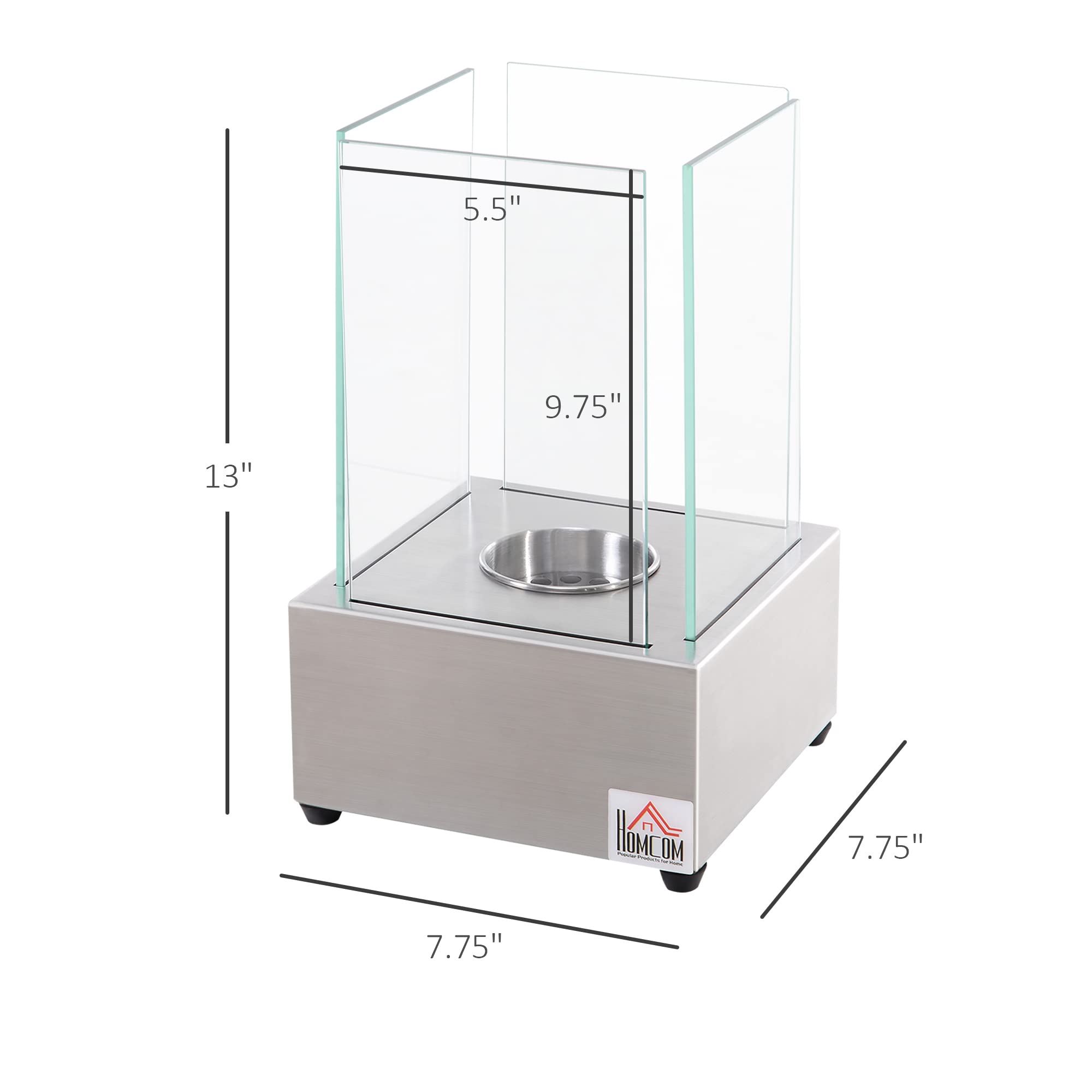 HOMCOM Ethanol Fireplace, 7.75" Tabletop 0.10 Gal Stainless Steel 160 Sq. Ft., Burns up to 2 Hours, Silver