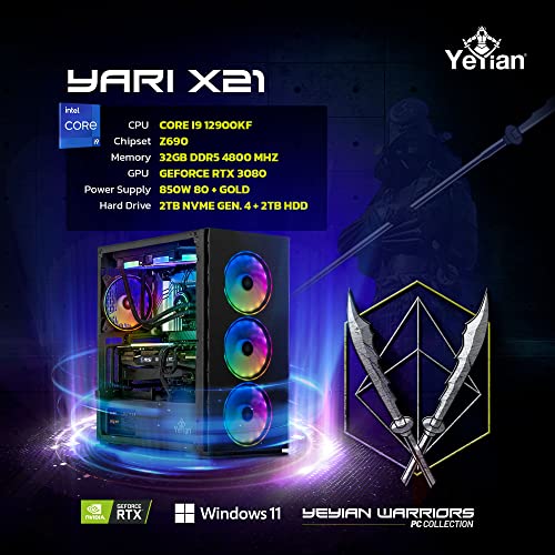 YEYIAN Yari X21 Gaming PC Computer, INTEL 12th Gen Alder Lake i9-12900KF 16-Core 3.2GHz, GeForce RTX 3080 10GB GDDR6X, 2TB NVMe Gen 4 SSD, 2TB 3.5β HDD, 32GB DDR5 4800MHz, 240mm AIO ARGB WiFi 6 BT 5.2
