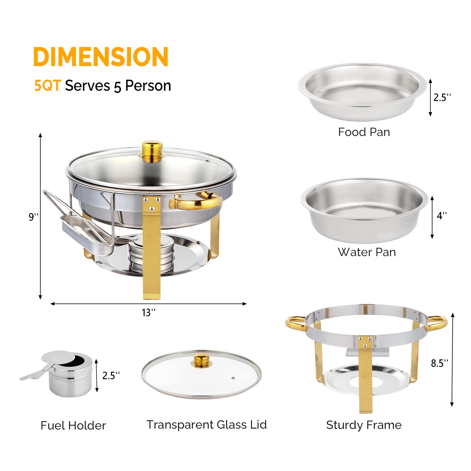 ROVSUN 5QT 8 Packs Chafing Dish Buffet Set Gold Accent, Round NSF Stainless Steel Buffet Warmer Chafers and Buffet Warmers Sets with Glass Lid & Lid Holder for Catering Events Parties Weddings Dinners