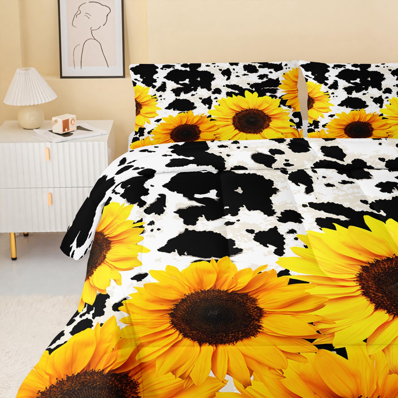 QOOMO Sunflower Comforter Set,Animal Print for Boys Girls Kids Teen Room Decor,Cow Print Bedding Sets, Wildlife 3Pcs Kids Bedding Set Full Size 1 Comforter & 2 Pillowcases