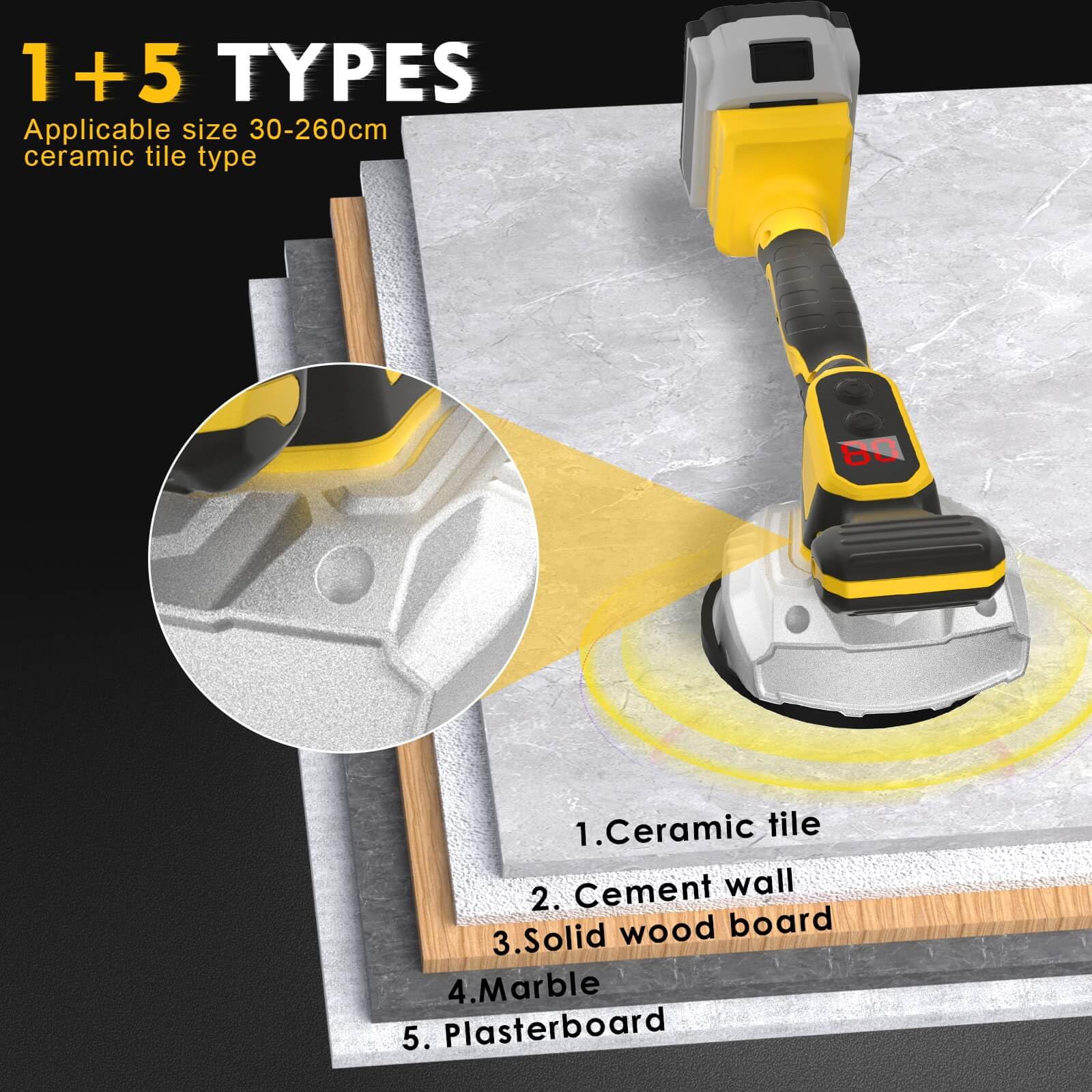 Tile Vibration Leveling Compatible With Dewalt 20V Max Battery, Portable Cordless Tile Vibrator Tool with Digital Display 8 Adjustable Speed & Superior Suction Cup for Tile,Floor,Wall,Thick Glass