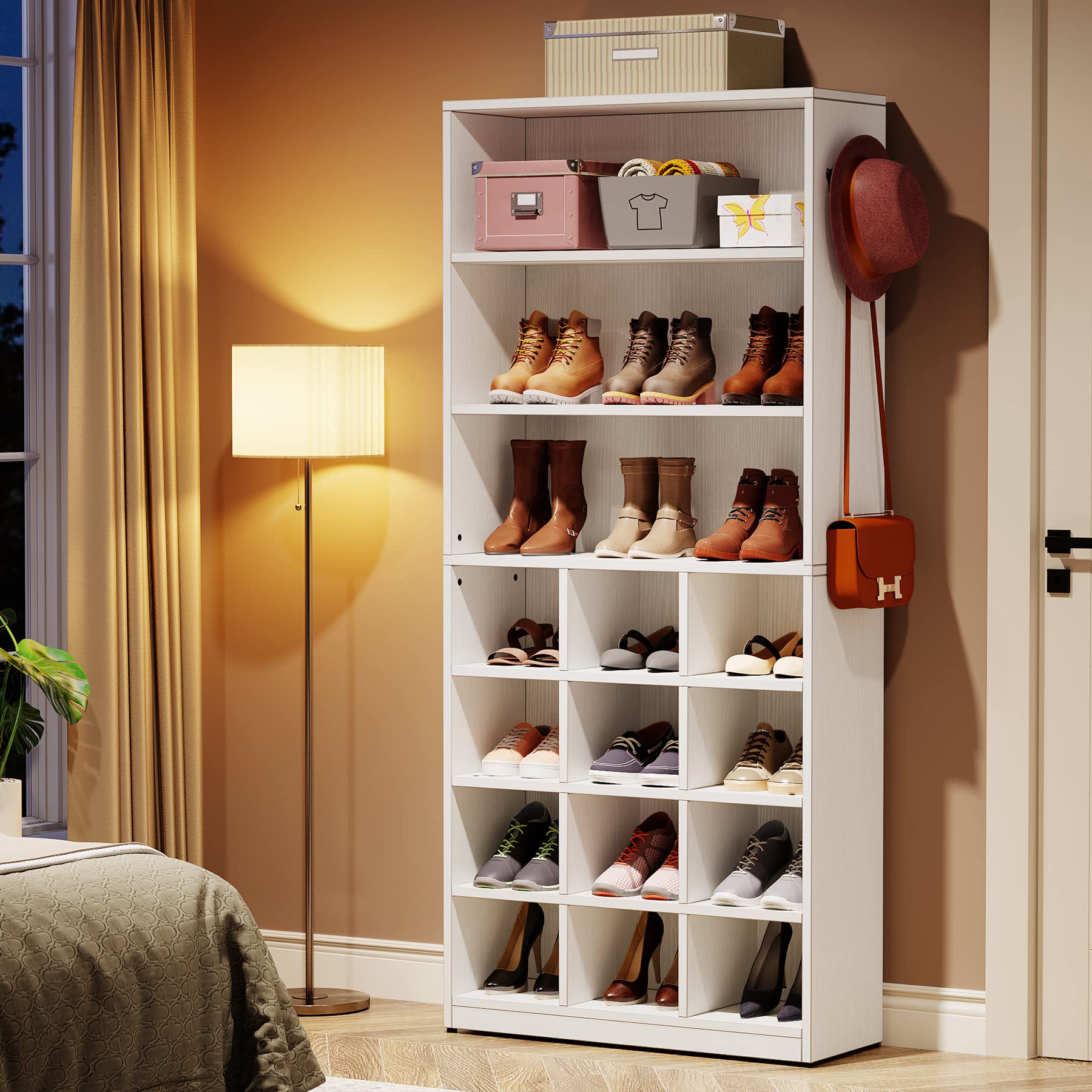 Tribesigns Shoe Cabinet, 24 Pair Freestanding Shoe Rack Storage Organizer with Side Hooks, Modern Shoe Storage Cabinet with Shelves for Hallway Bedroom Closet Entryway, 1PC