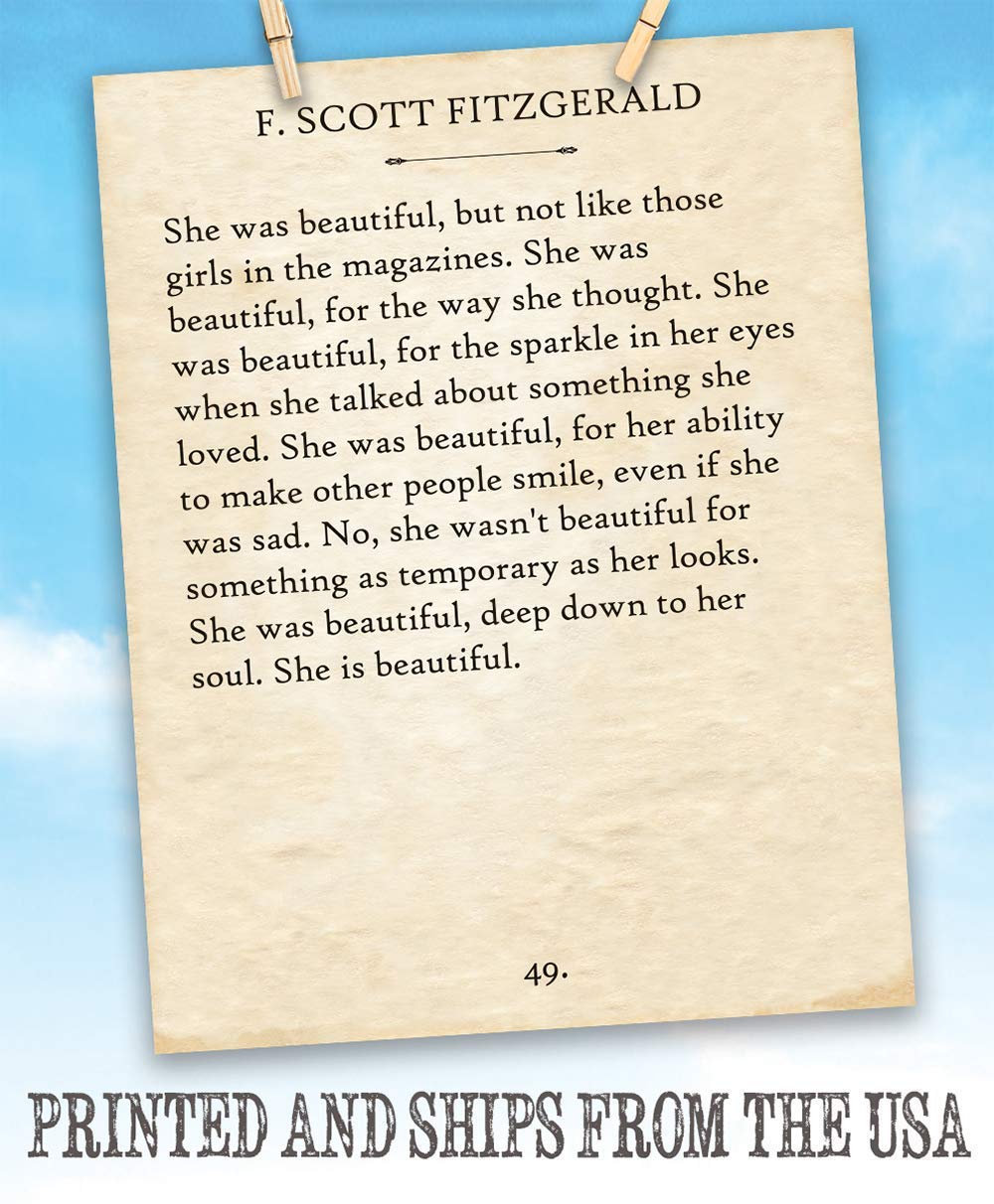 F. Scott Fitzgerald - She was Beautiful - Inspirational Home and Room Decorations, Woman Love Quotes Decor, Gift for Wedding and Book Lovers, Choose Unframed Classic Book Page Poster or Canvas