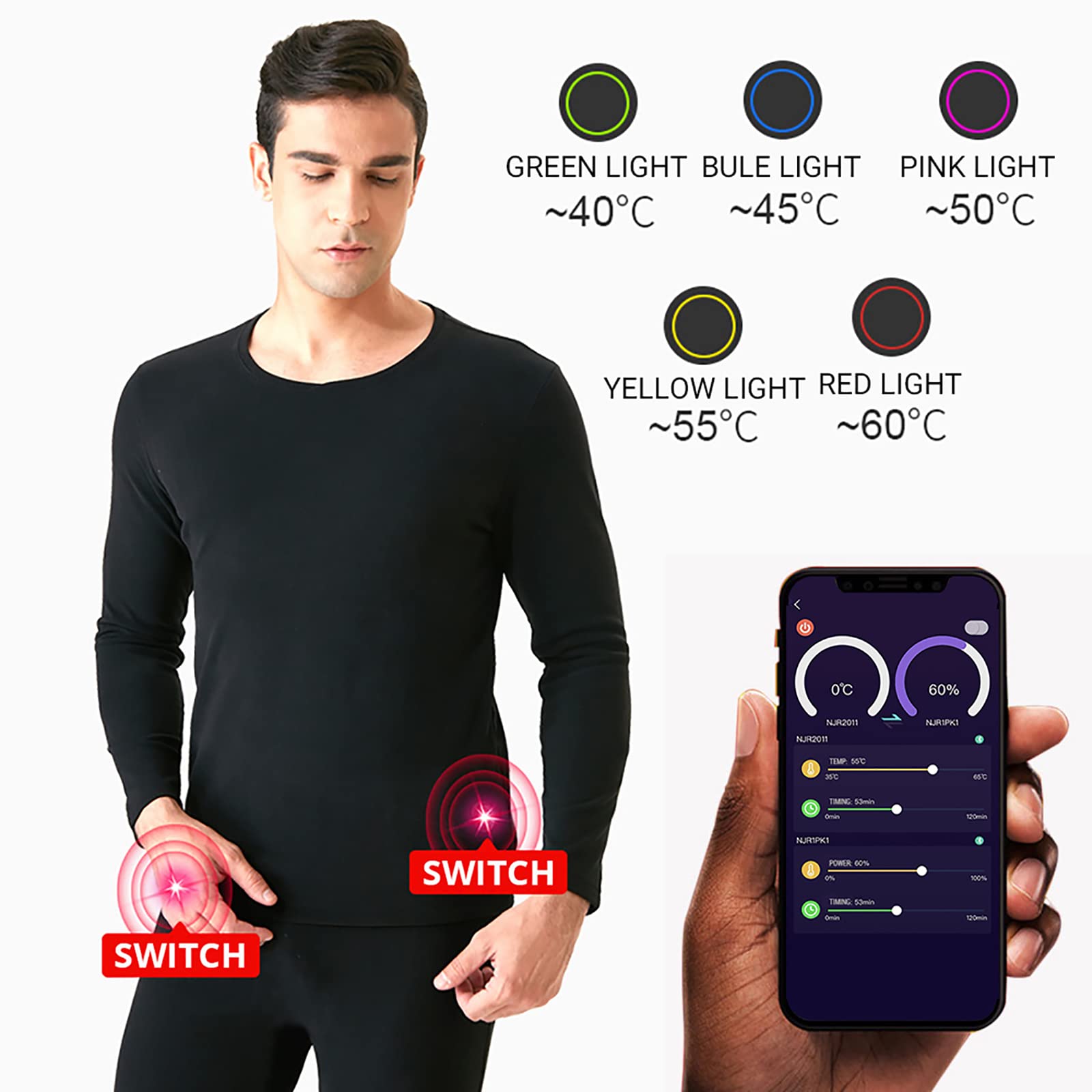 Electric Heated Underwear Set Fleece Lined Thermal Body Suit Men Winter APP Control Temperature Motorcycle Top Pants 20 Areas,Black,L(Bust:102cm)
