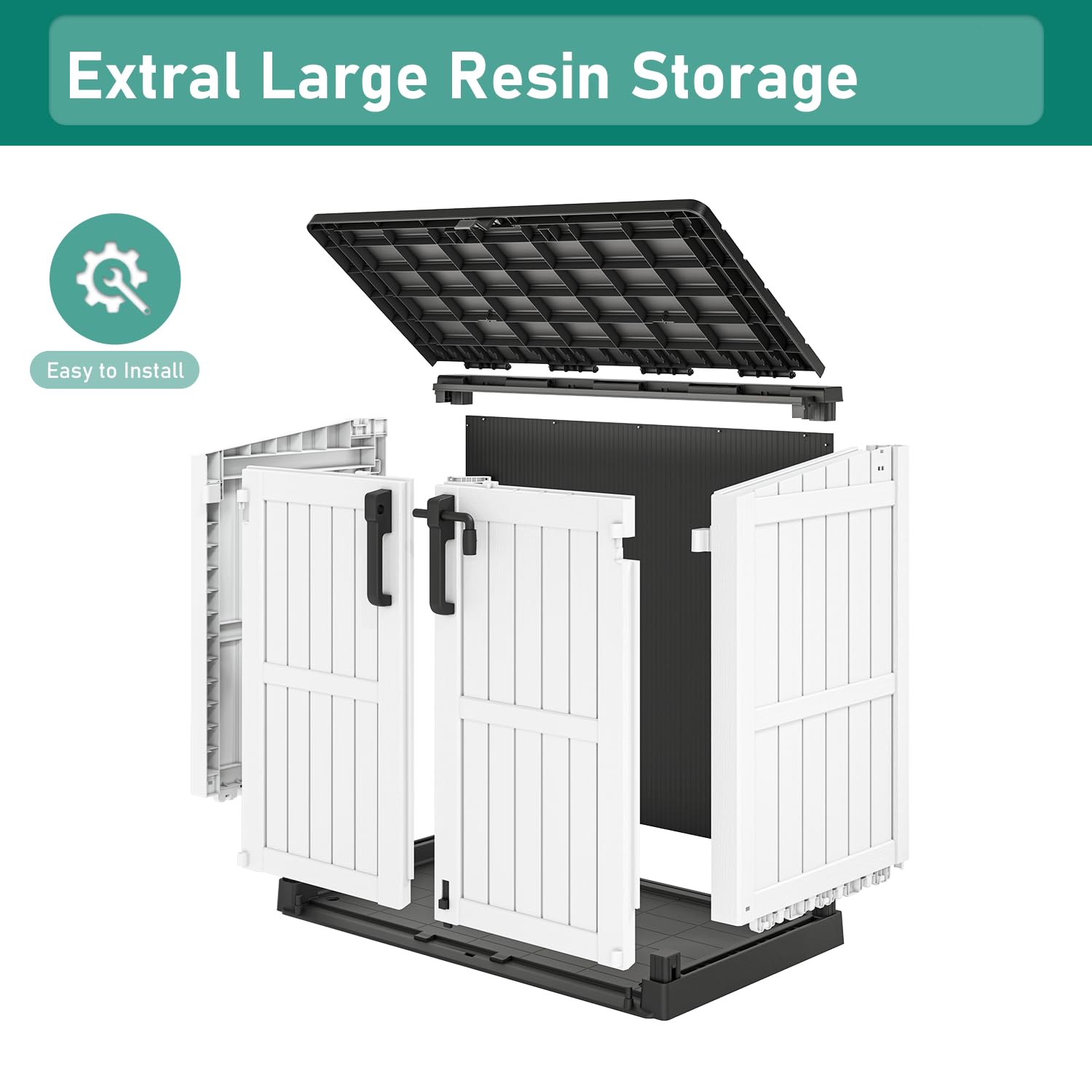 NUNU LAB Outdoor Storage Shed 36 Cu. Ft.Horizontal Garden Storage Extra Large Capacity Weather Resistant Storage Box, Lockable Resin Waterproof Shed for Easy Storage of Garbage Cans, Tools, Lawn Mower