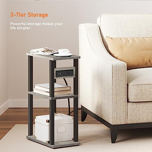 TUTOTAK Small Narrow Side Table with Charging Station, Set of 2 Skinny End Table for Small Spaces, Slim Nightstand with USB Ports and Outlet,Sofa Beside Table with Wheels, Greige TB01BG047