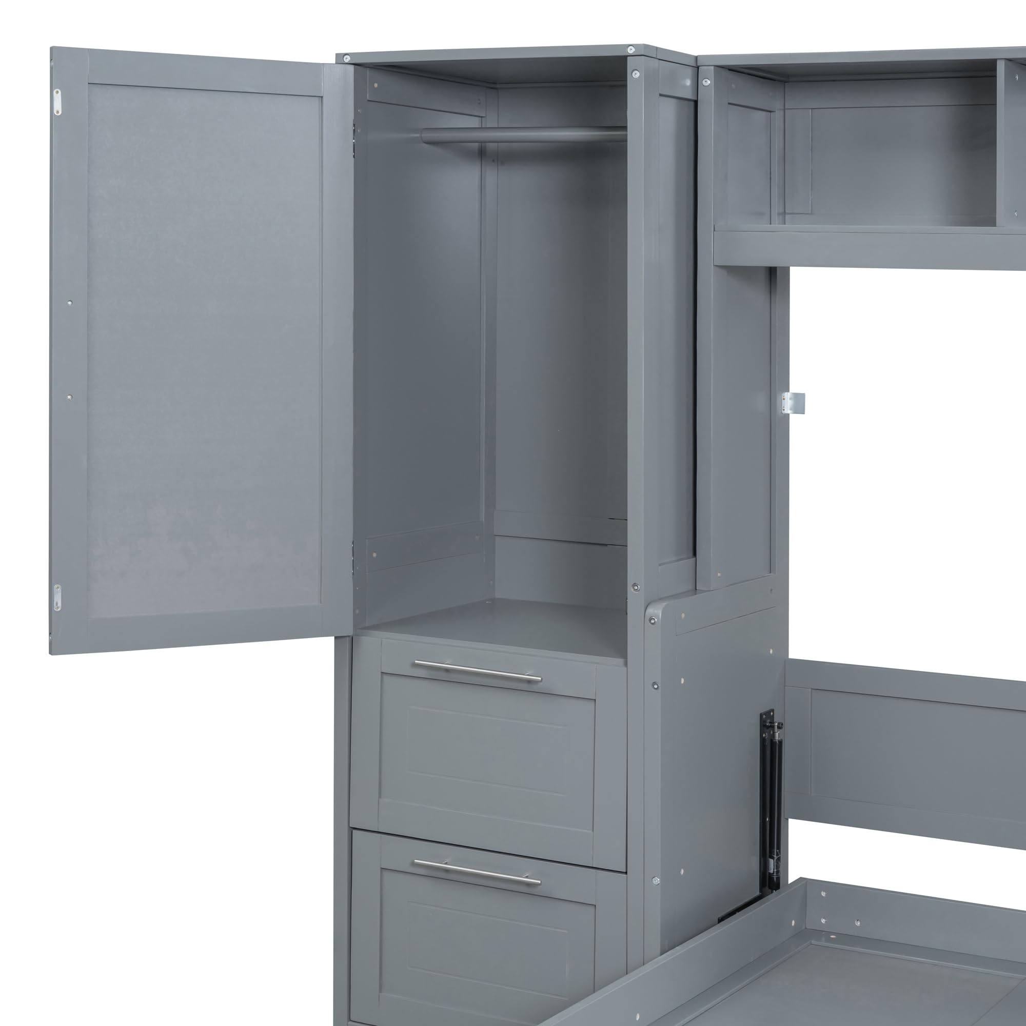 Queen Size Murphy Bed Wall with Closet and Drawers, Gray