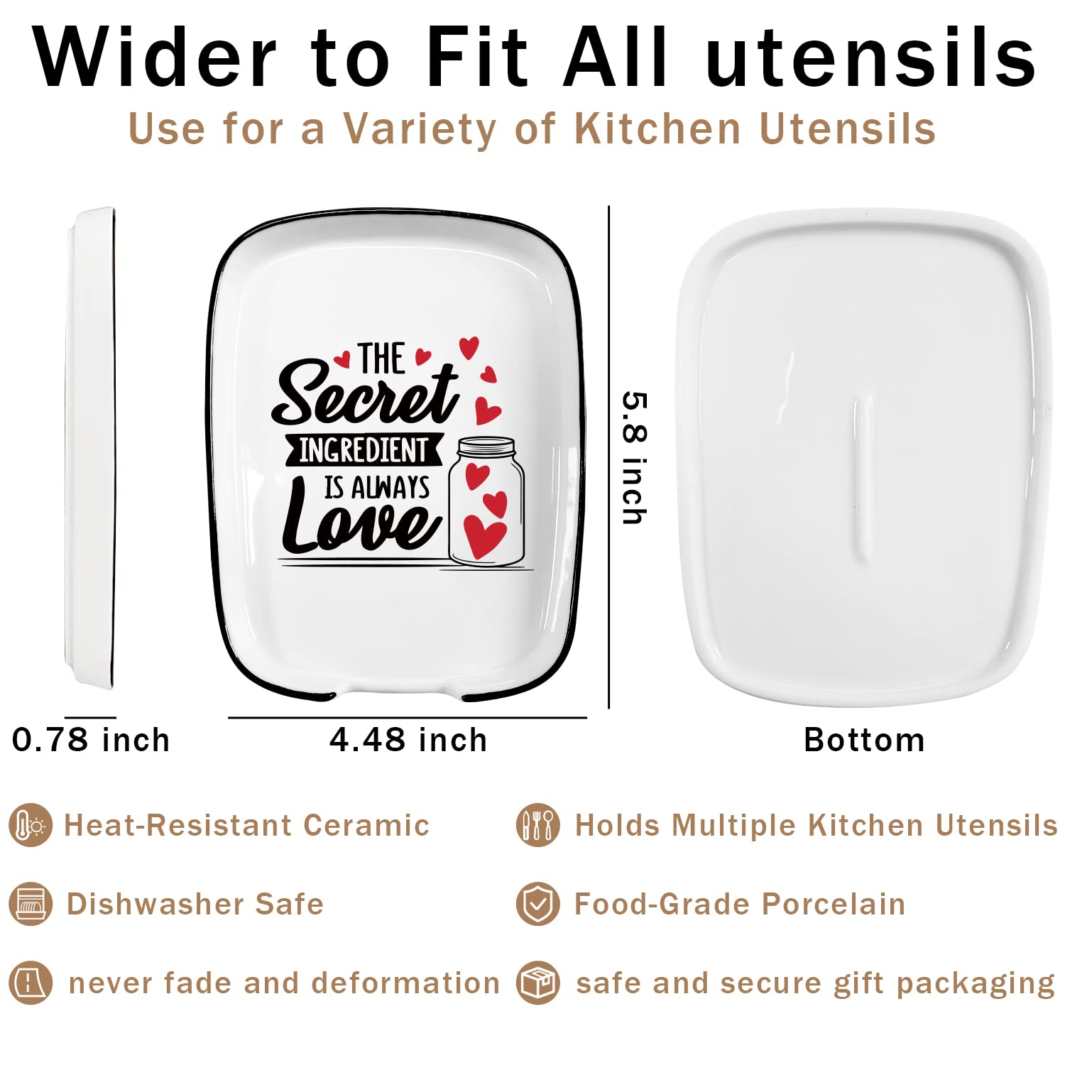 Hvukeke Ceramic Spoon Rest for Kitchen Stove Top Counter, Funny The Secret Ingredient Is Always Love White Spoon Holders for Chef, Mom, Grandma Cute Kitchen Gift