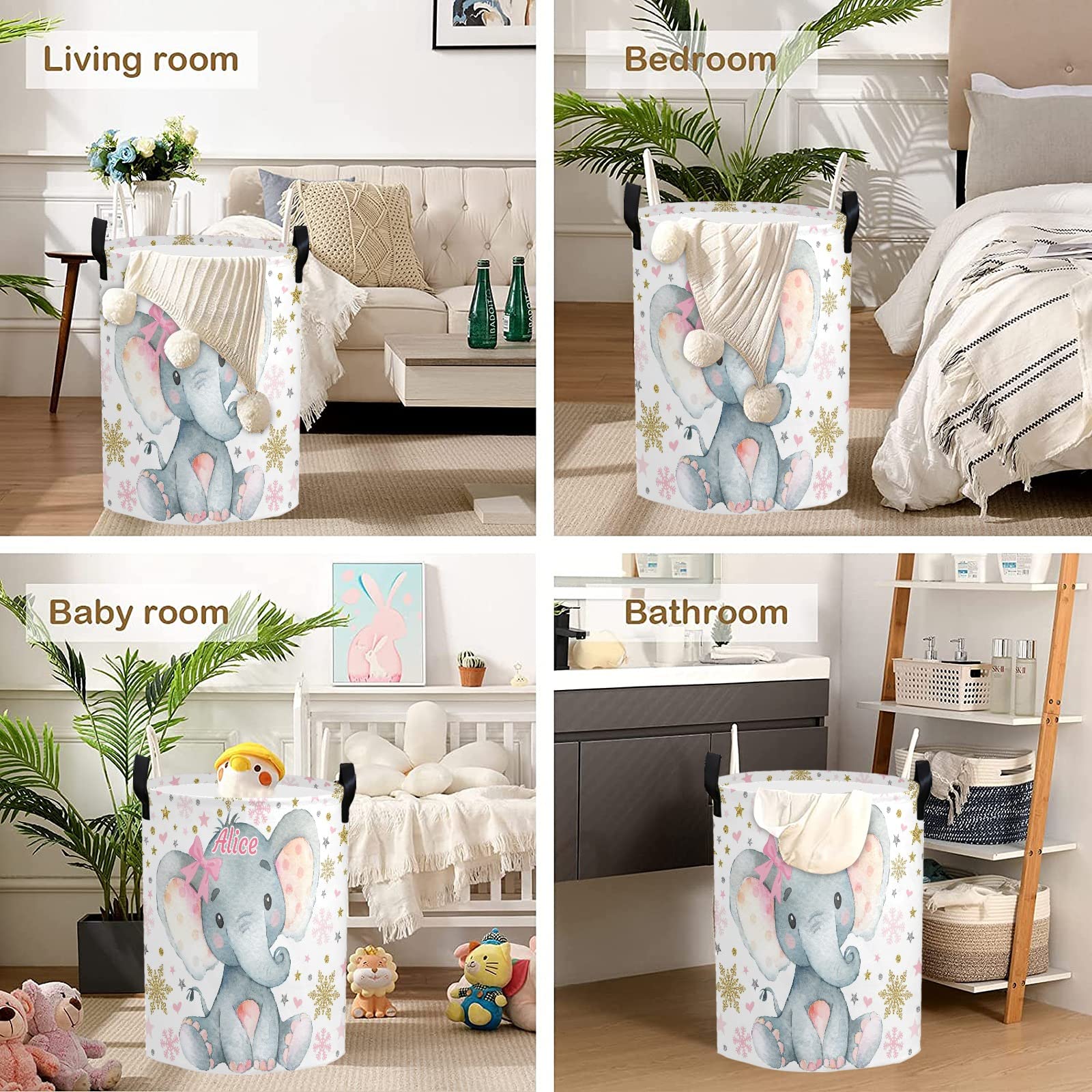 Laundry Basket Customized Name Organizer Storage Round Baskets Foldable Laundry Hamper with Handle for Nursery Bedroom Decor(Gold Snowflake Cute Elephant)