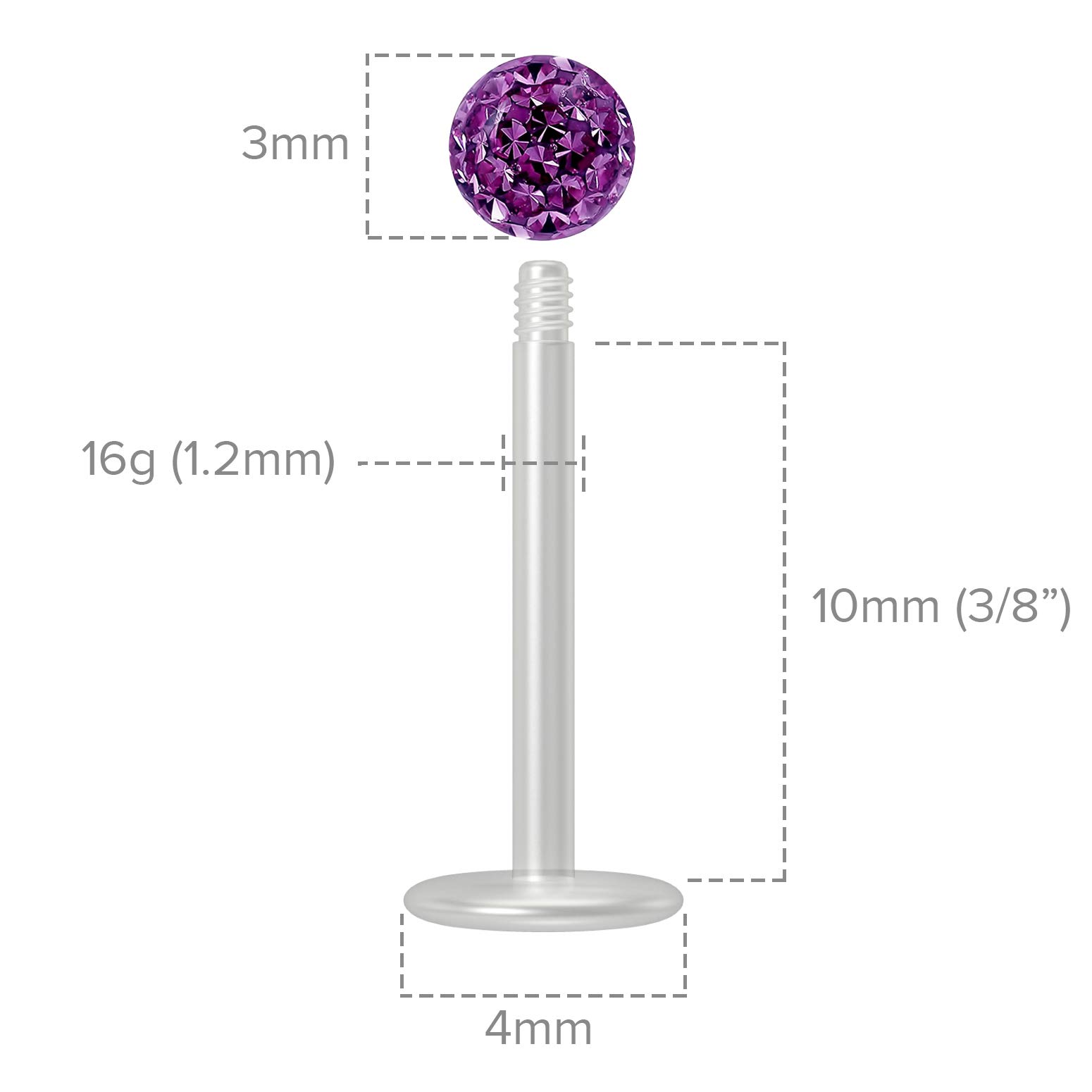 Evonix 2pc 16g Aurora Borealis Bioplast Labret Flexible Lip Stud Crystal BioFlex Hypoallergenic Jewelry 8mm