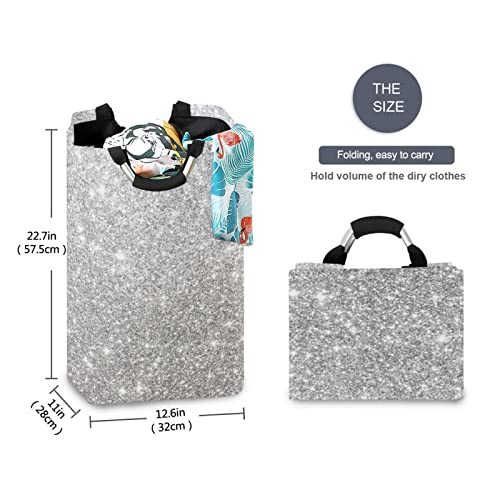 Laundry Hamper Silver Glitter Sparkle Bling Large Storage Bins Waterproof Foldable Canvas Laundry Hamper Bucket with Handles for Storage Bin,Kids Room,Home Organizer,Nursery Storage,Baby Hamper