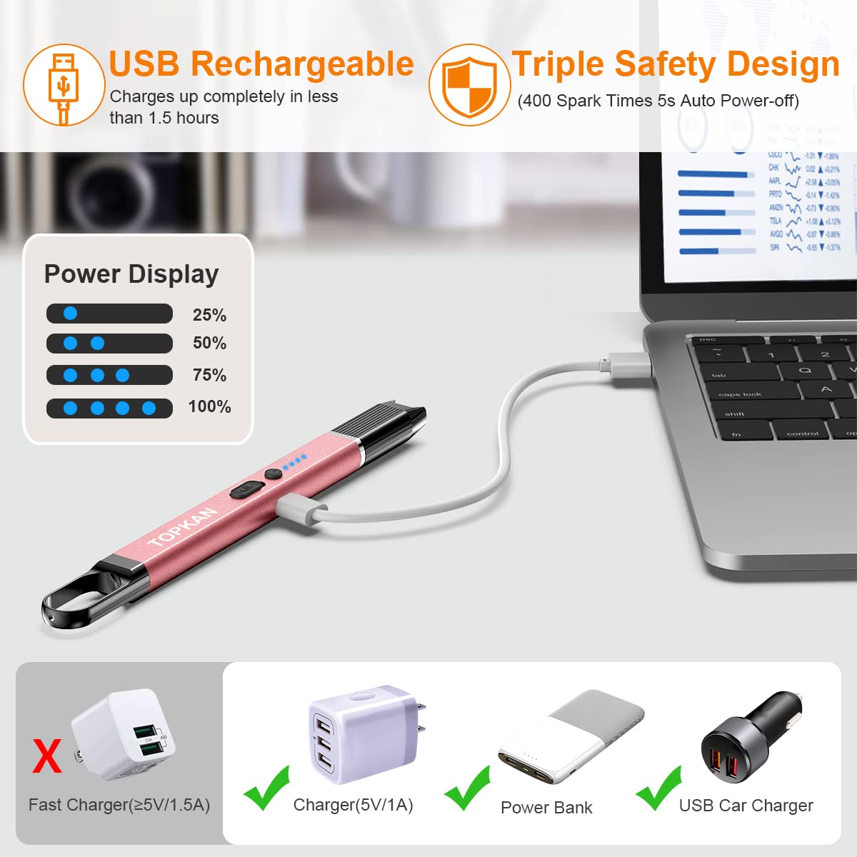 Electric Lighter, Candle Lighter, Windproof USB Rechargeable Electronic Plasma Arc Lighter with Safety Lock, Battery Indicator, Long Lighter for Candle, Camping, BBQ, Grill, Fireplace (Rose)