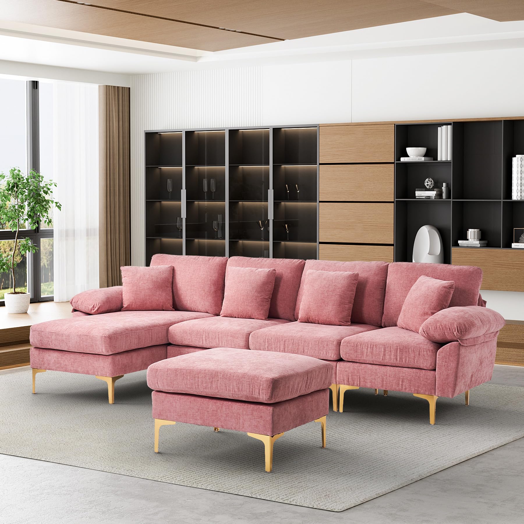 OUYESSIR U-Shaped Sectional Sofa for Living Room, 4 Seat Sofa Set Convertible L-Shaped Couch Set with Chaise Lounge, Ottoman and Pillows,114 inches, Light Pink Chenille