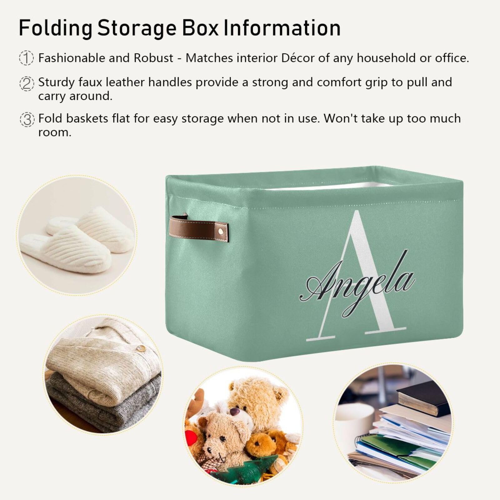 Sage Green Customized Storage Basket Collapsible Storage Bins Cubes Box Fabric Clothes Hamper Gift Baskets Toy Chest for Shelves Office Home Nursery Shoes with Leather Handles