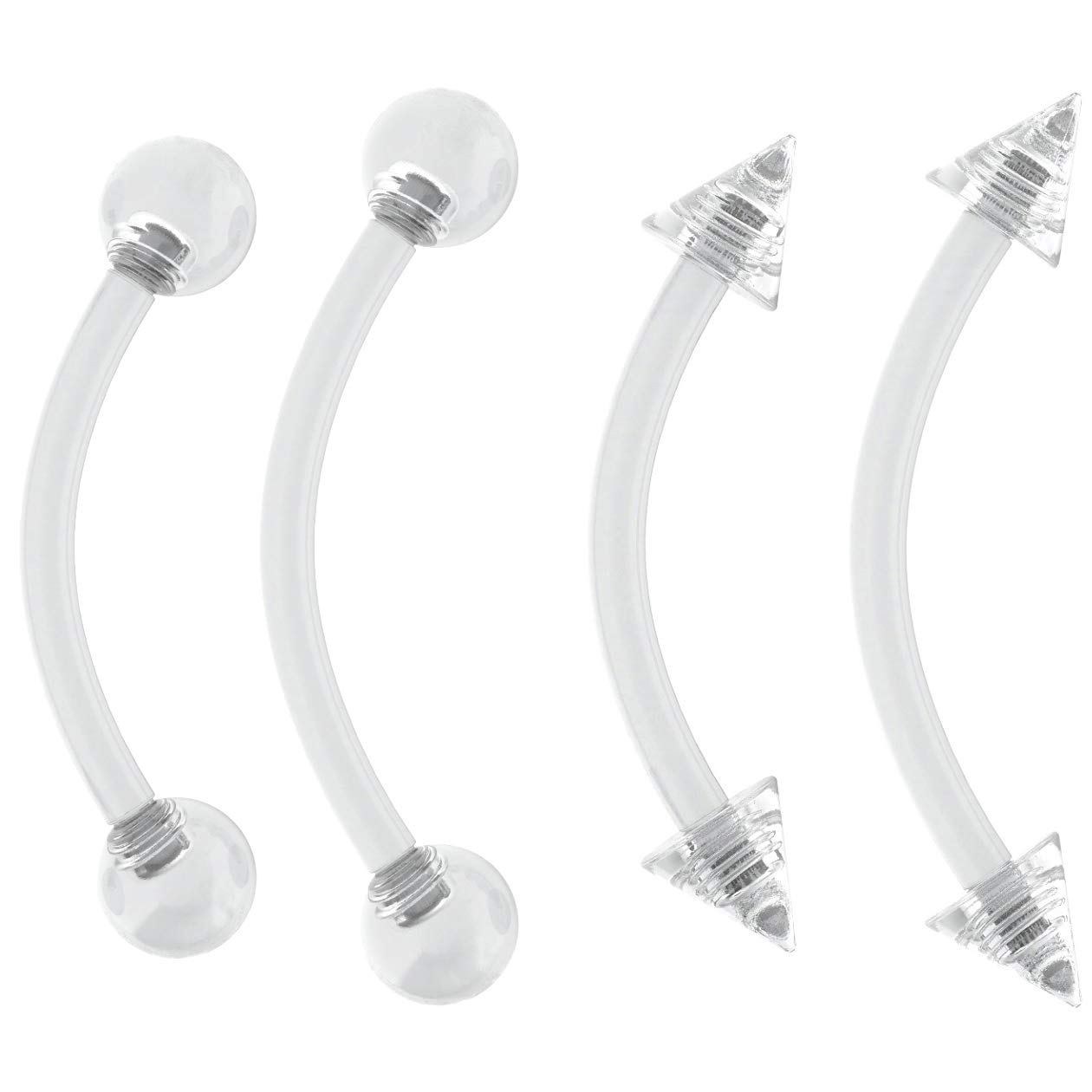 Evonix 4pc 16g Clear Flexible Curved Eyebrow Ring Piercing Retainer 8mm & 10mm Cartilage Tragus Barbell Bioplast Retainers For Work