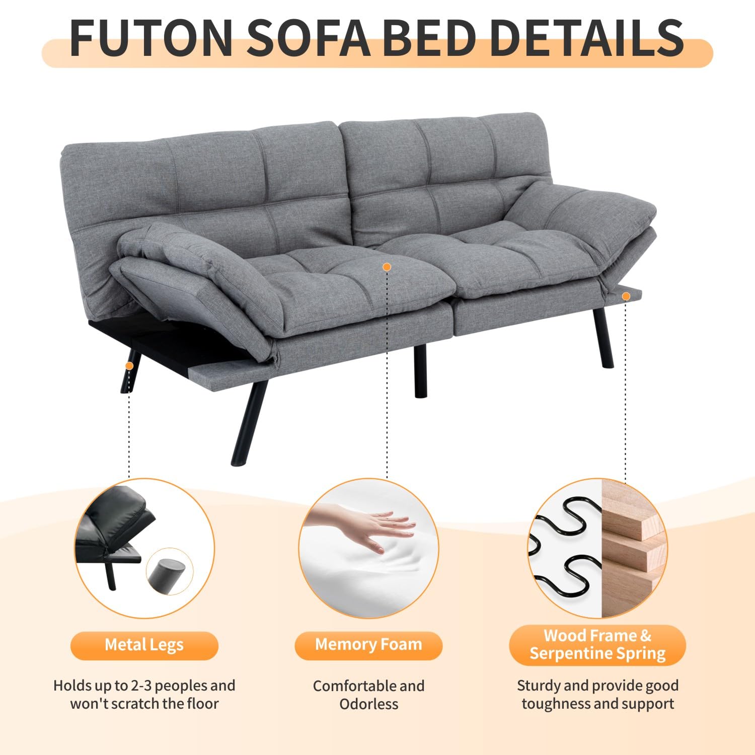 MUUEGM Futon Sofa Bed Couch,Memory Foam Futon Convertible Sofa Bed, 71″Fabric Futon with Convertible Backrest,Modern Loveseat Sofa,Sleeper Couch for Compact Space,Apartment,Living Room,Light Grey