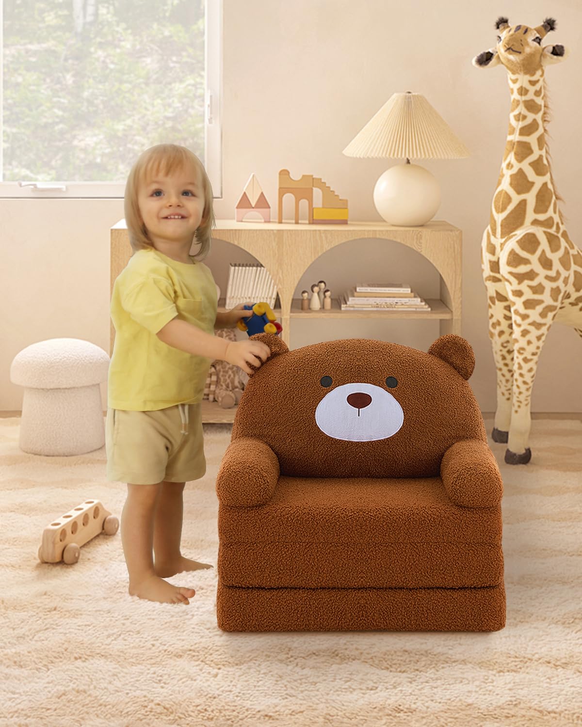 MOONBEEKI Comfy Toddler Chair, Kids Couch Fold Out to Lounger, Foldable Baby Sofa Plush for Girl and Boy Age 18 Months and Up ( Brown Bear)