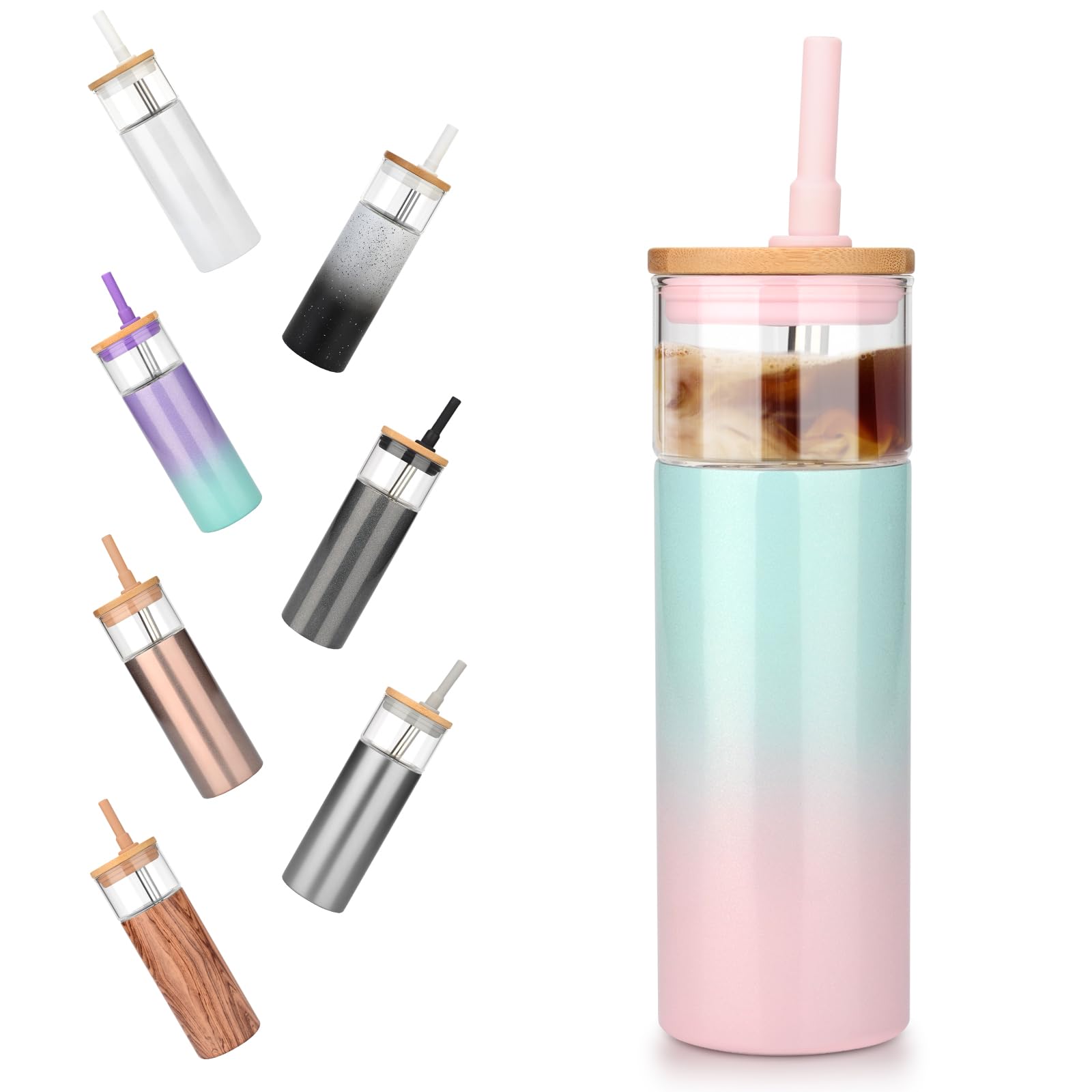 Tronco 20 oz Double Walled Insulated Glass Tumbler with Straw and Lid, Vacuum Stainless Steel Outer, Reusable Insulated Iced Coffee Cup Smoothie Cup, Sweat-Free, BPA Free