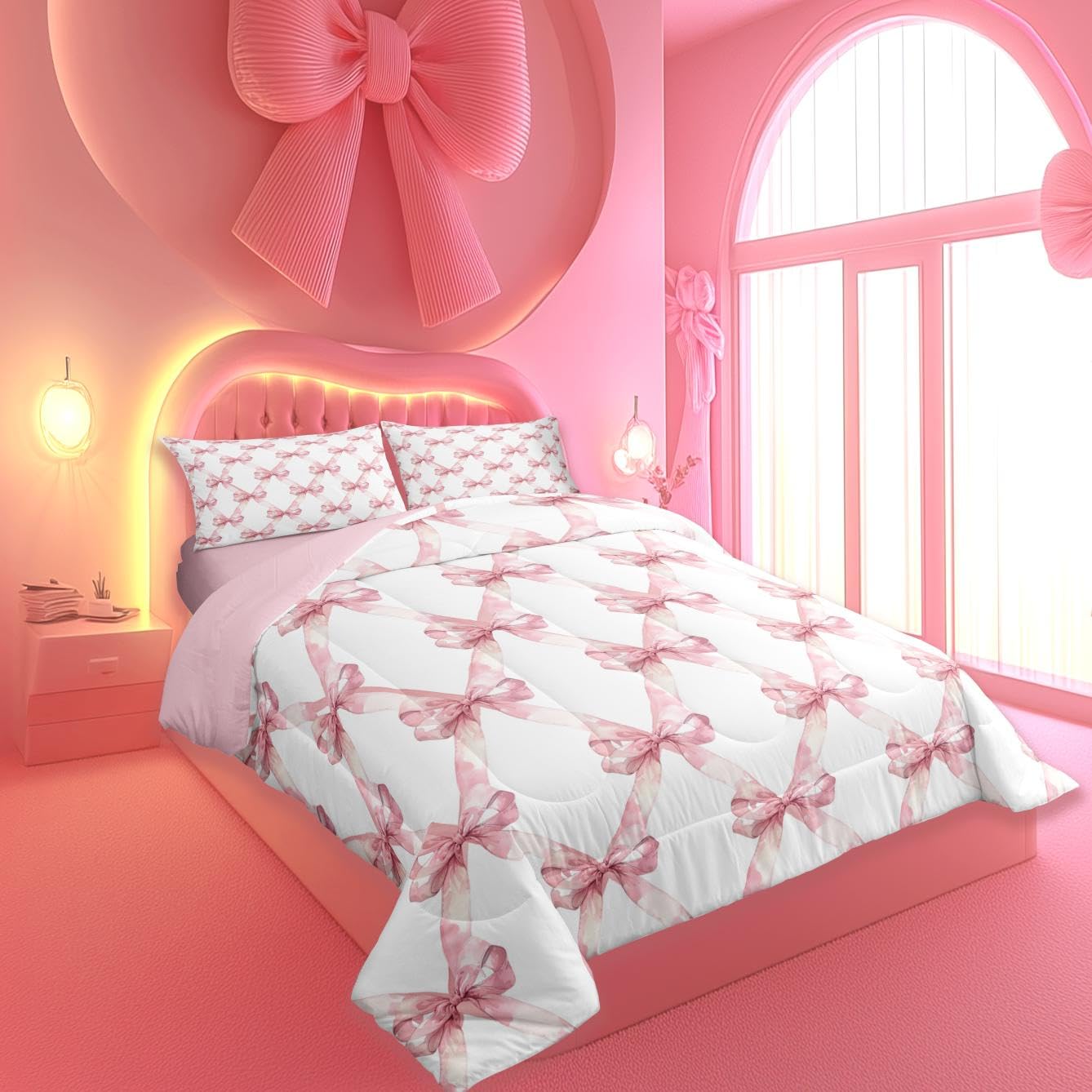 Pink Bowknot Comforter Set,Dreamy Princess Style Kids Girls Bedding Set Kids Teens Modern Decor,Watercolor Bow Geometric Grids White Comforter with 1 Pillowcase for All Seasons,Twin