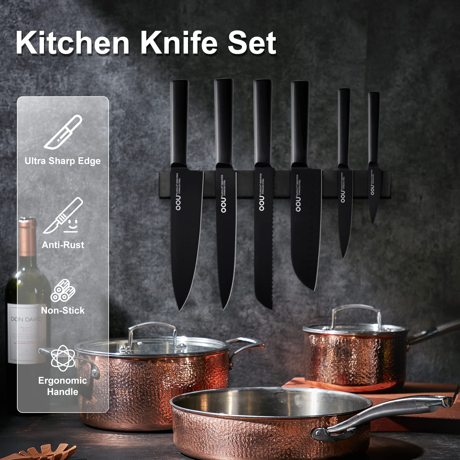 Kitchen Knife Set - OOU 6 pieces Professional Stainless Steel knife set, Dishwasher Safe Kitchen Knives - Ultra Sharp Chef Knife Set for Kitchen, Ergonomic Handle