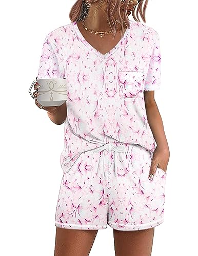 Ekouaer Women's Pajamas Sets Short Sleeve Lounge Sets Sleepwear Casual Two Piece Pjs With Pockets Pink Butterfly Large