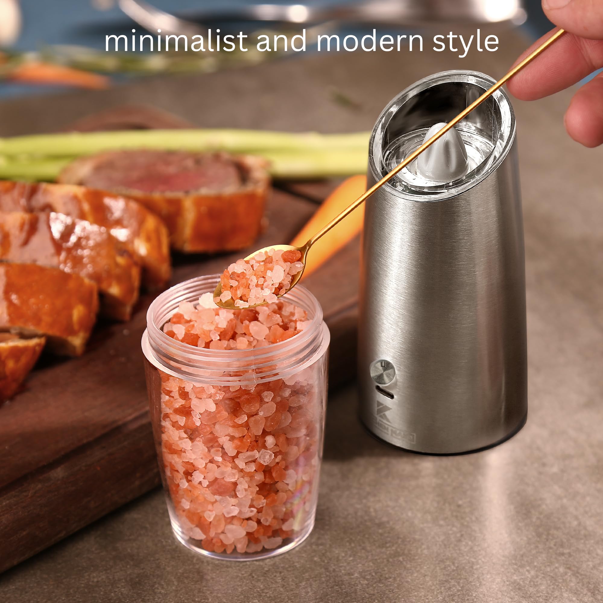 Kitchen Maid Gravity Electric Salt and Pepper Grinder Set Rechargeable, Adjustable Automatic Electric Salt and Pepper Shakers, Stainless Electric Salt Pepper Grinder Mill Rechargeable USB-C