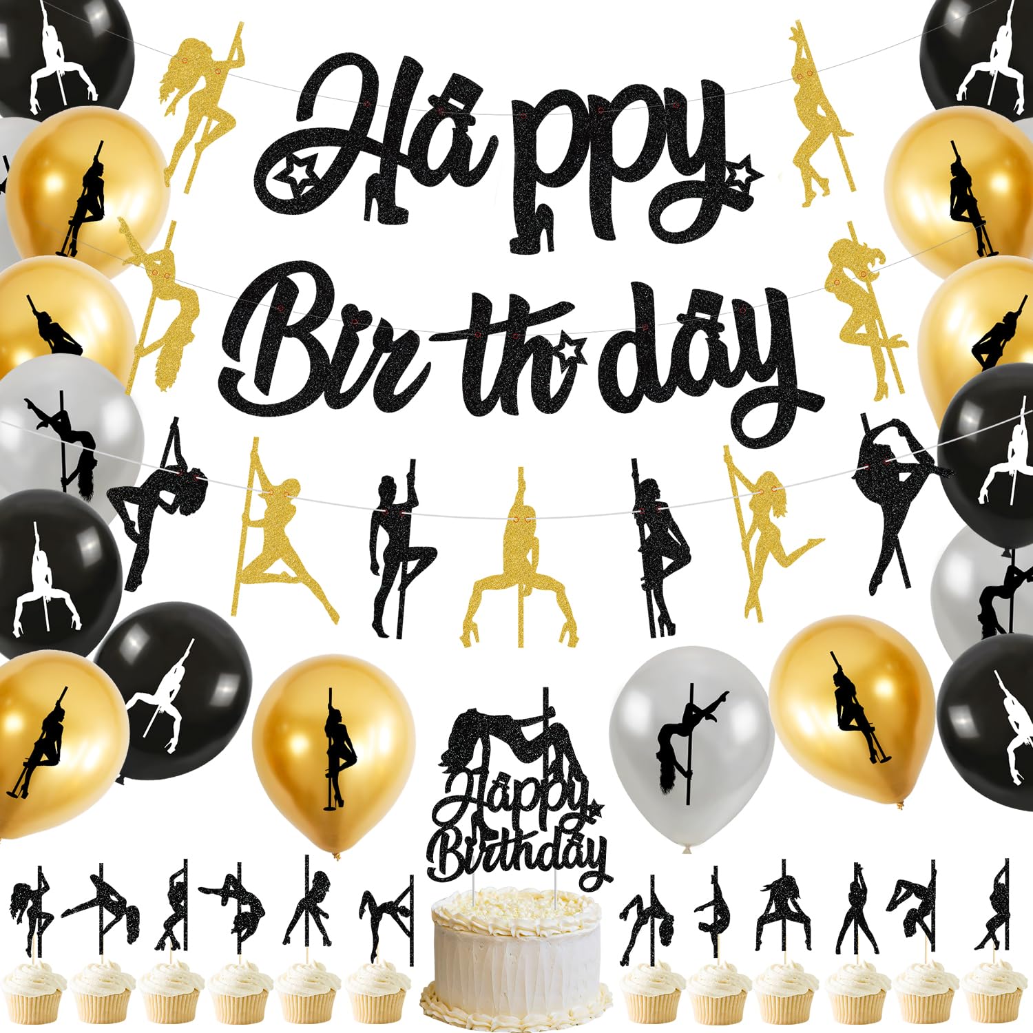 Obussgar Black Gold Pole Dancer Birthday Party Decorations, Glitter Pole Dance Happy Birthday Banner for Bachelorette Bridal Shower Birthday Funny Supplies
