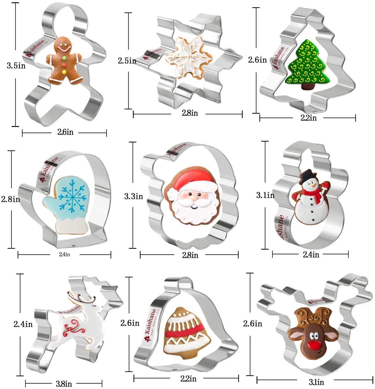 KAISHANE Christmas Cookie Cutters Set of 9 - Star Tree Angel Bell Stocking & More Shapes Stainless Steel