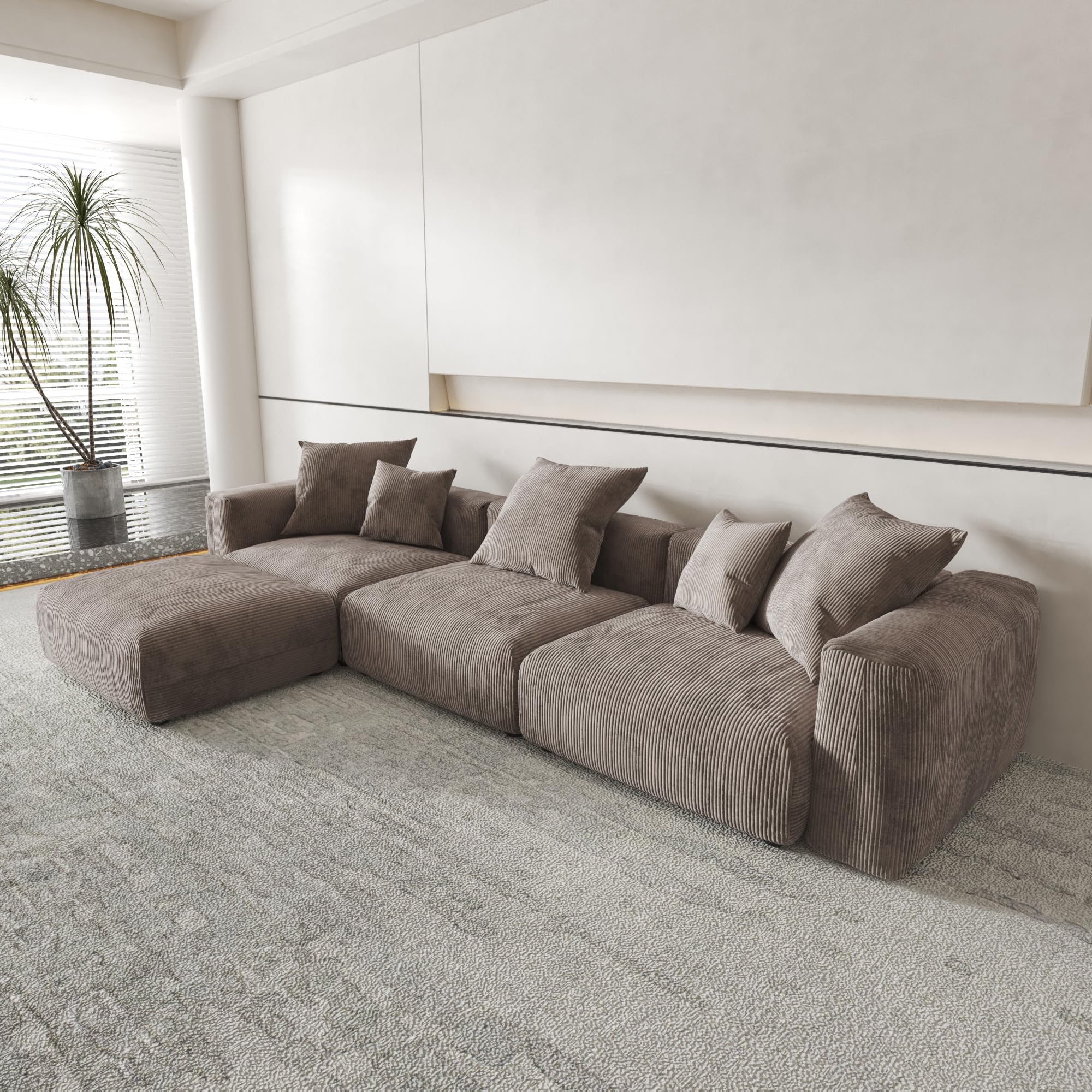 Sdorens 141.73" Modular Sectional Sofa, L Shaped Sofa Couch with Ottoman, Corduroy Fabric Brown Sofa Couch with 5 Pillows, Oversized Sofa Set for Living Room
