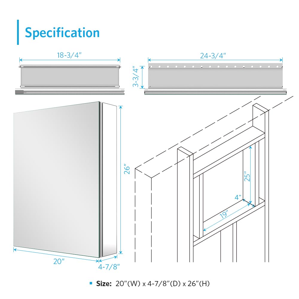 Quavikey Mirrored Medicine Cabinet with Aluminum Recessed or Surface Mount for Bathroom Storage 20x26 Inch, Silver