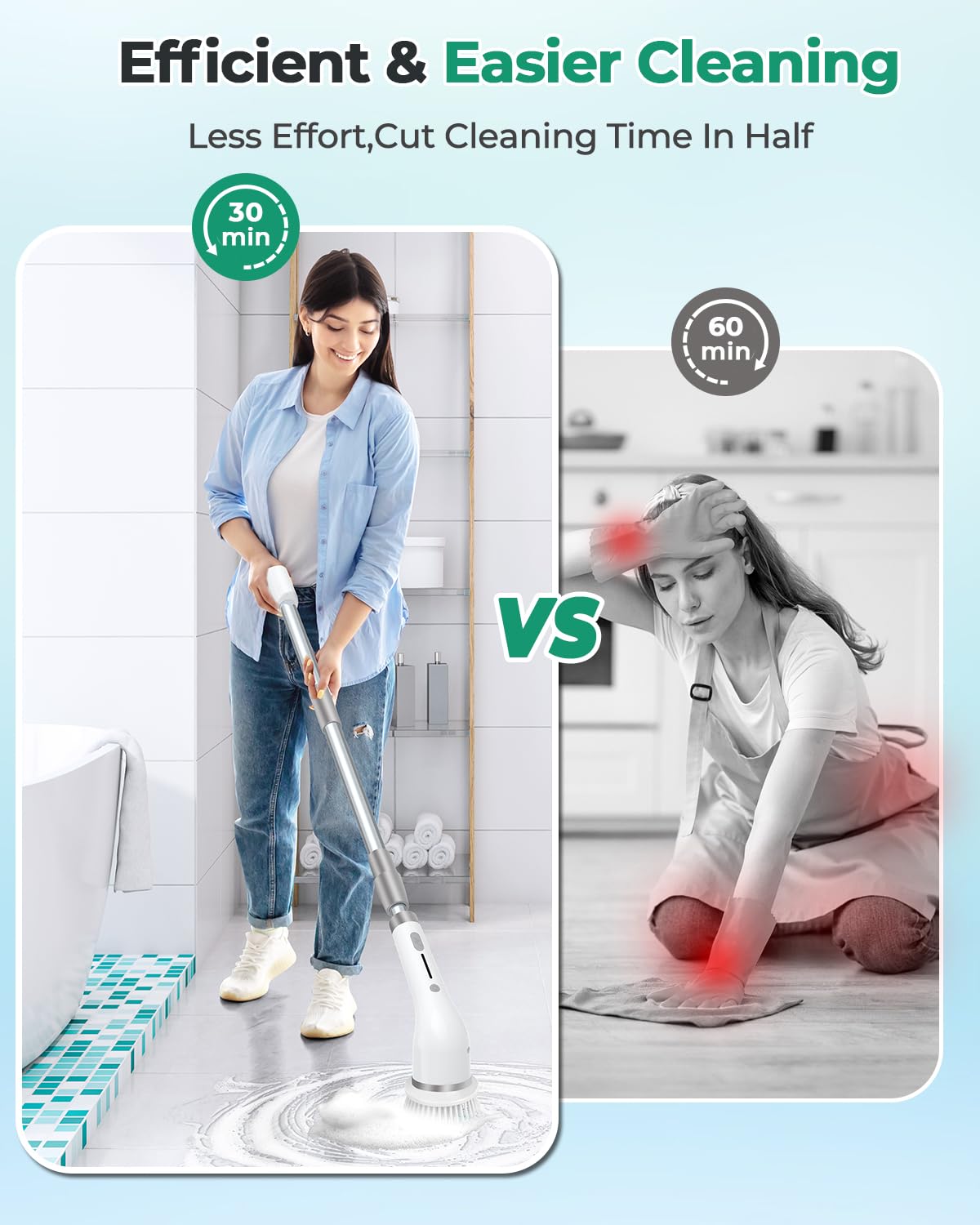 Electric Spin Scrubber - Cordless Shower Cleaning Brush with 8 Replaceable Heads - 2 Speeds & Extension Handle - Power Scrubber for Bathroom, Tile, Shower, Grout, Tub - includes Hooks and Storage Bag