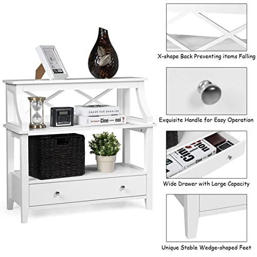 Giantex 3 Tier Console Table with a Large Drawer, Sofa Side Table with Storage Shelves, Entryway Hall Table Furniture, Display Rack Stand for Living Room Study, Easy Assembly (White)