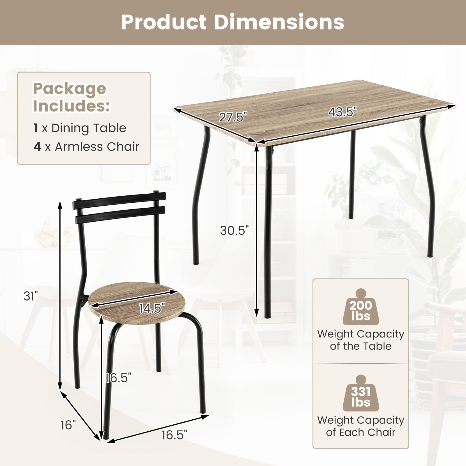 Giantex 5-Piece Dining Table Set, Modern Rectangular Dining Table & 4 Armless Chairs with Metal Frame, Kitchen Dining Room Furniture Set for 4, Space-Saving Dinette Set for Breakfast Nook, Natural