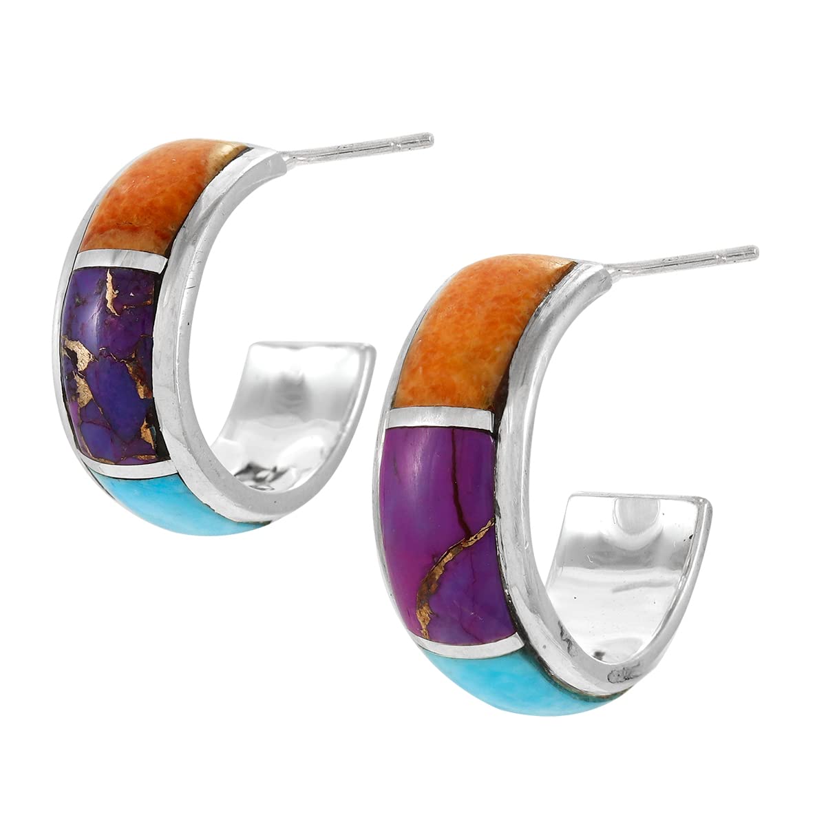 Hoop Turquoise Earrings Sterling Silver 925 Genuine Turquoise & Gemstones (Multi-Gemstones)