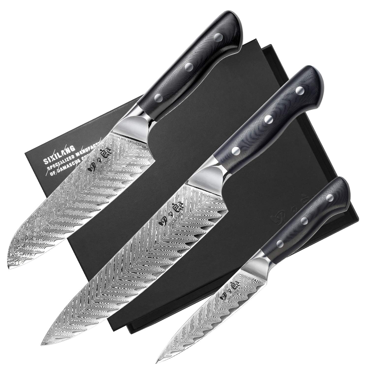 SIXILANG Knife Set, 3 PCS Professional Damascus Chef Knives, 67 Layer Japanese AUS10 Steel Core Forged Kitchen Knives, Well-Balanced Full Tang Handle Triple Rivet Handle - Black Gift Box