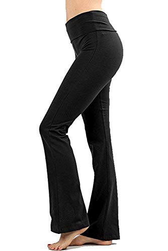 Zenana Women Fold Over Waist Cotton Stretch Flare Leg Boot Cut Yoga Pants Leggings Black Small