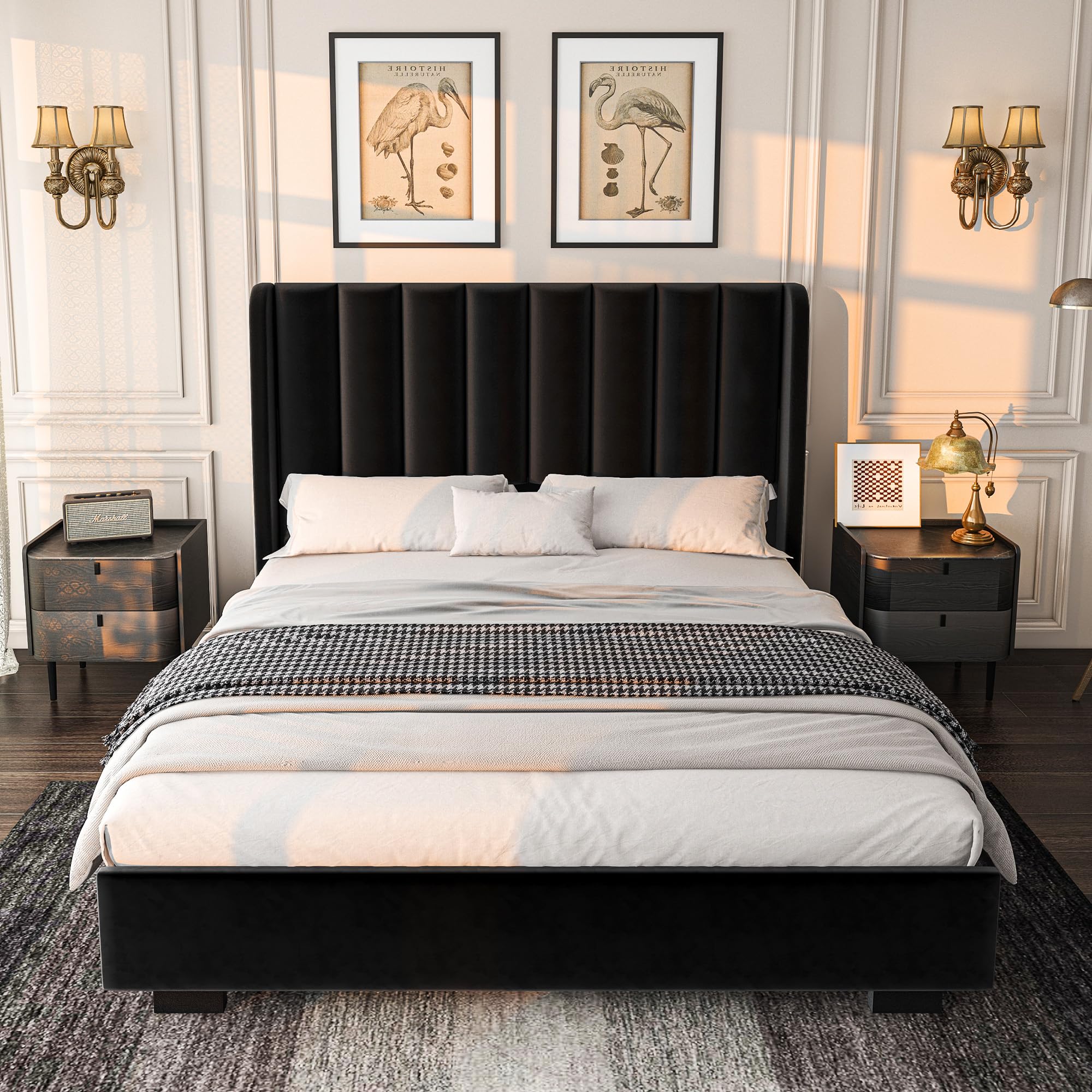 Queen Size Upholstered Lift Up Storage Bed Frame with 51.2" Tall Headboard, Velvet Wingback Tufted Design, Wood Slats Support, No Box Spring Required, Noise-Free Double Low Bed Frame (Queen,Beige)