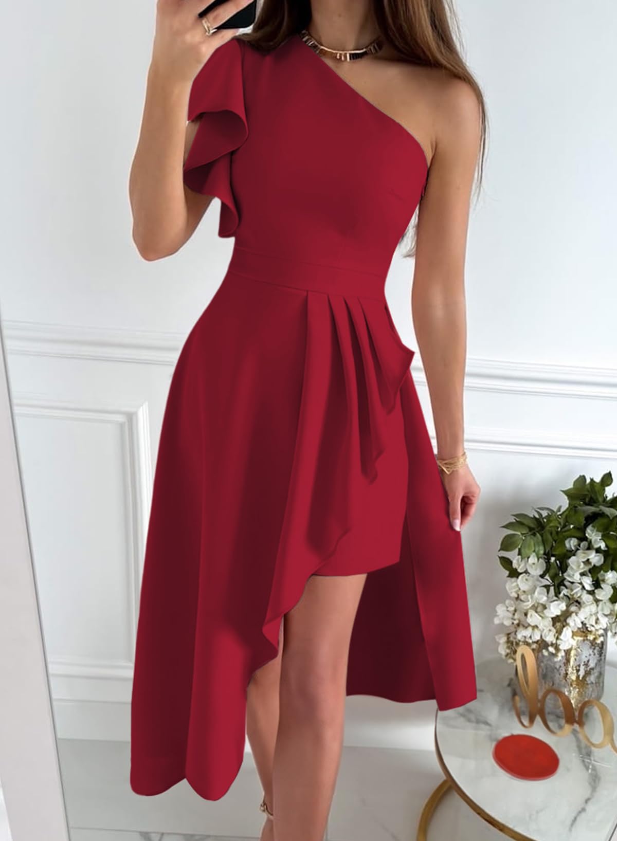 Dokotoo One Shoulder Dresses for Women Elegant Ruffle Empire Waist Asymmetrical Hi-Lo Hem Solid Zipper Up Bodycon Party Wedding Guest Midi Semi Formal Dresses Red X-Large