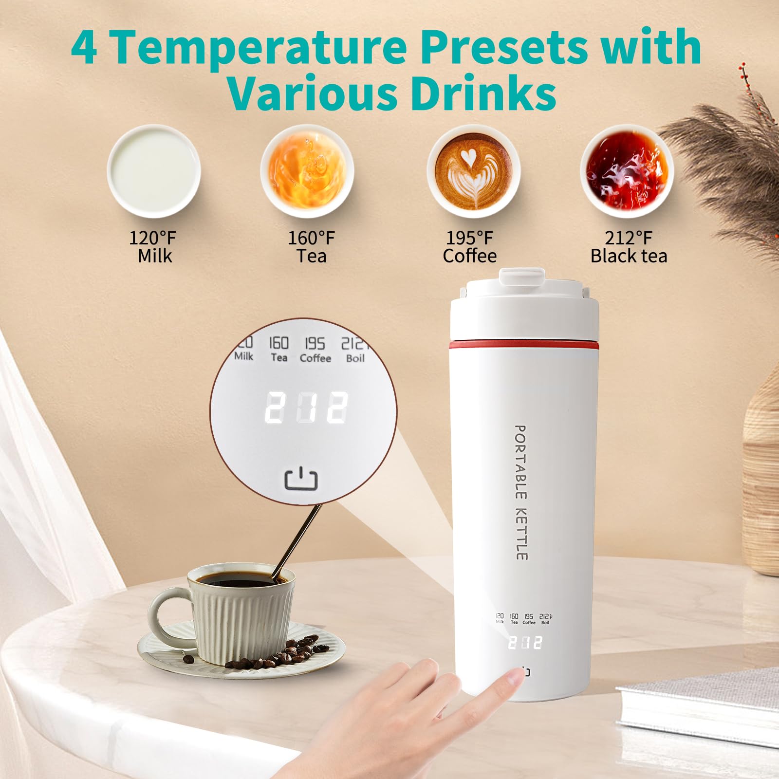 SizzleCook Electric Travel Kettle, Portable Tea Coffee Kettle Hot Water Boiler, 380ml Small Water Boiler with Temperature Control, Auto Shut-Off(with Large Carrying Bag)
