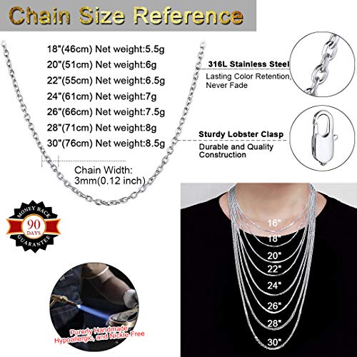 Stainless Steel Cable Link Chain Necklace for Women Men Jewelry Gift 3mm Sturdy Strong Rolo Chain Necklaces, 18 Inch