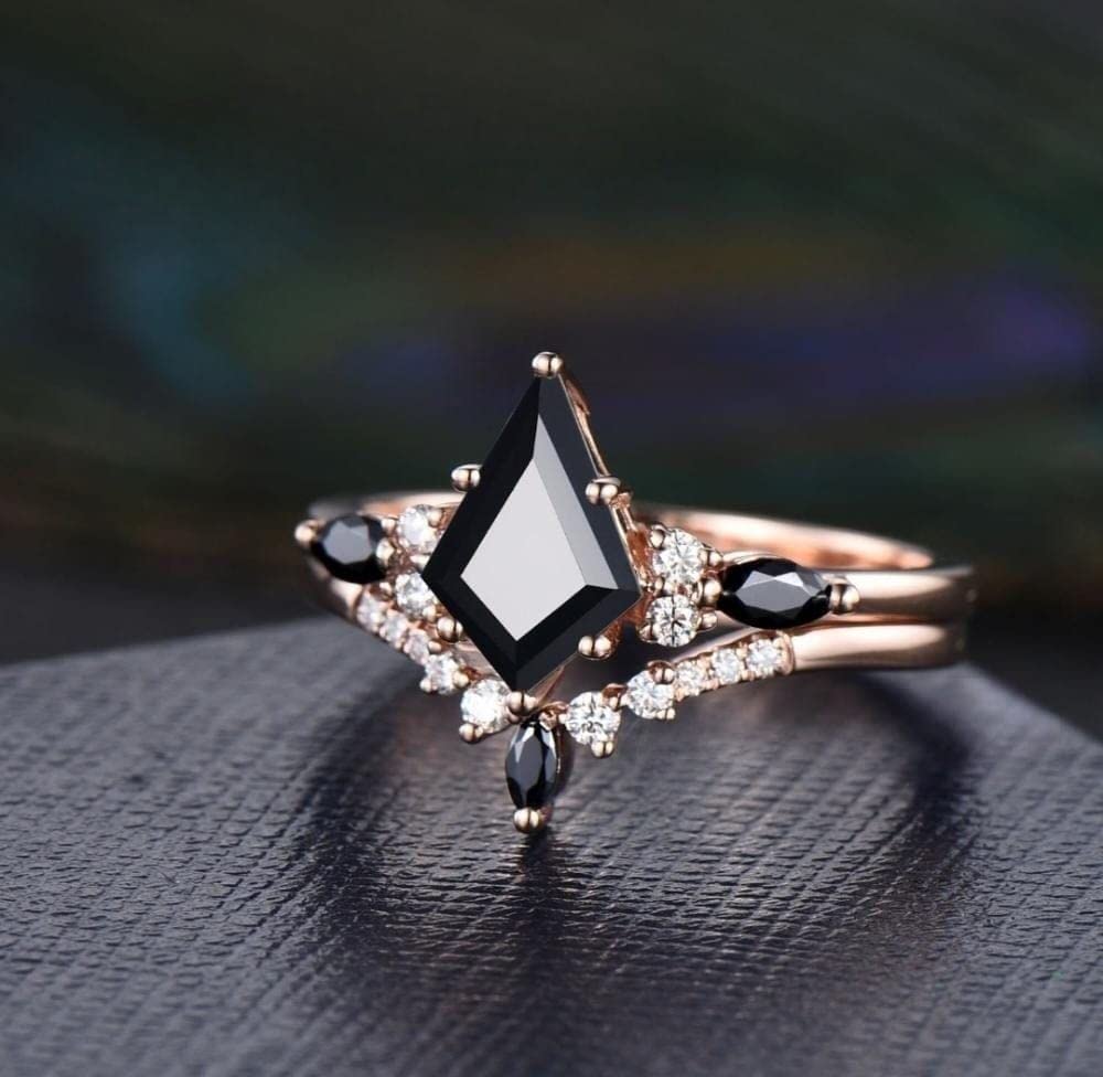 kite cut Black onyx ring set rose gold unique engagement ring set CZ DIMAONDS ring marquise cut black spinel ring black stone ring for women (WHITE GOLD, 7)