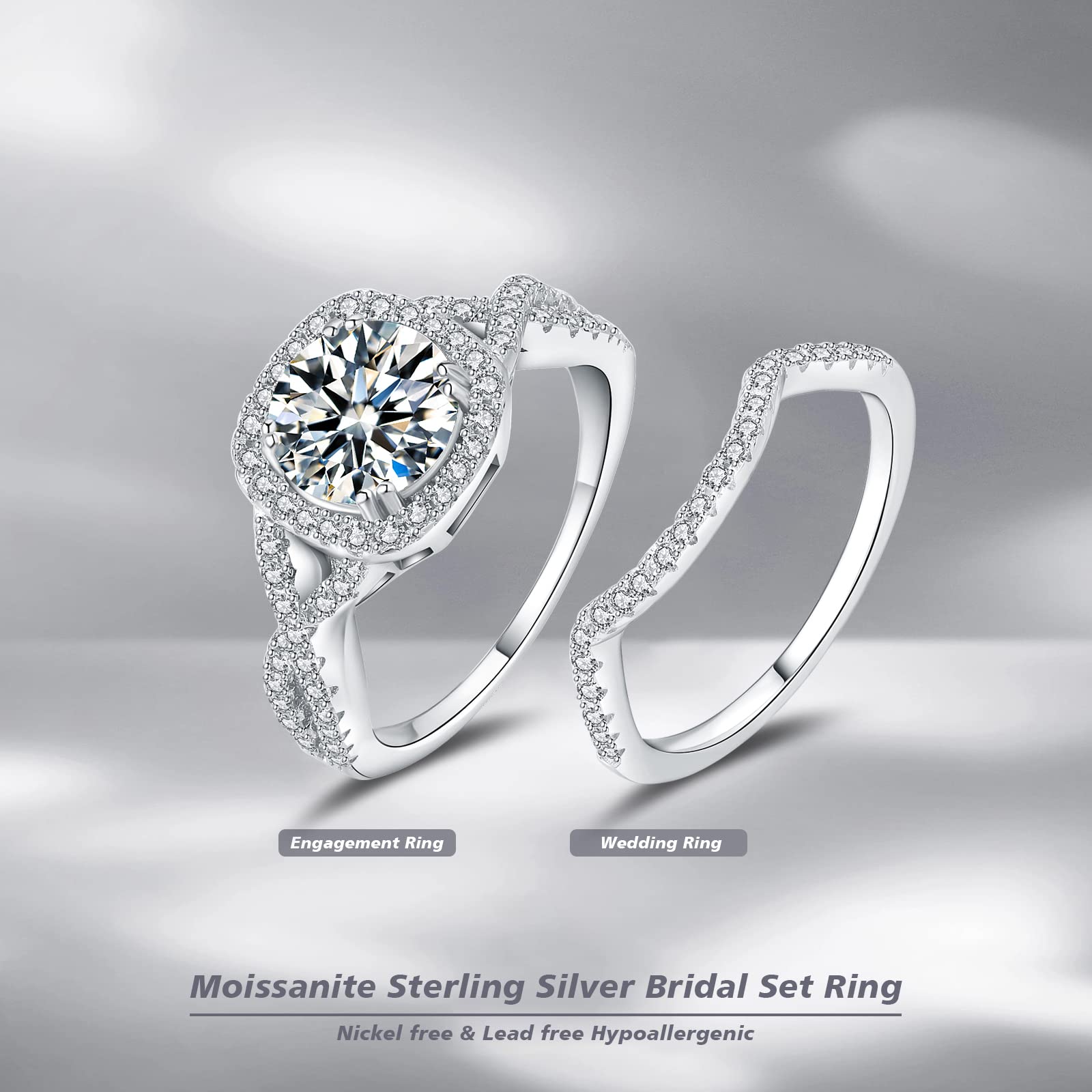 GUYOICHT 925 Sterling Silver Twisted Bridal Wedding Engagement Ring Band Set, Round Cut Moissanite Engagement Rings for Women Size 6-8 (style 1, 7)